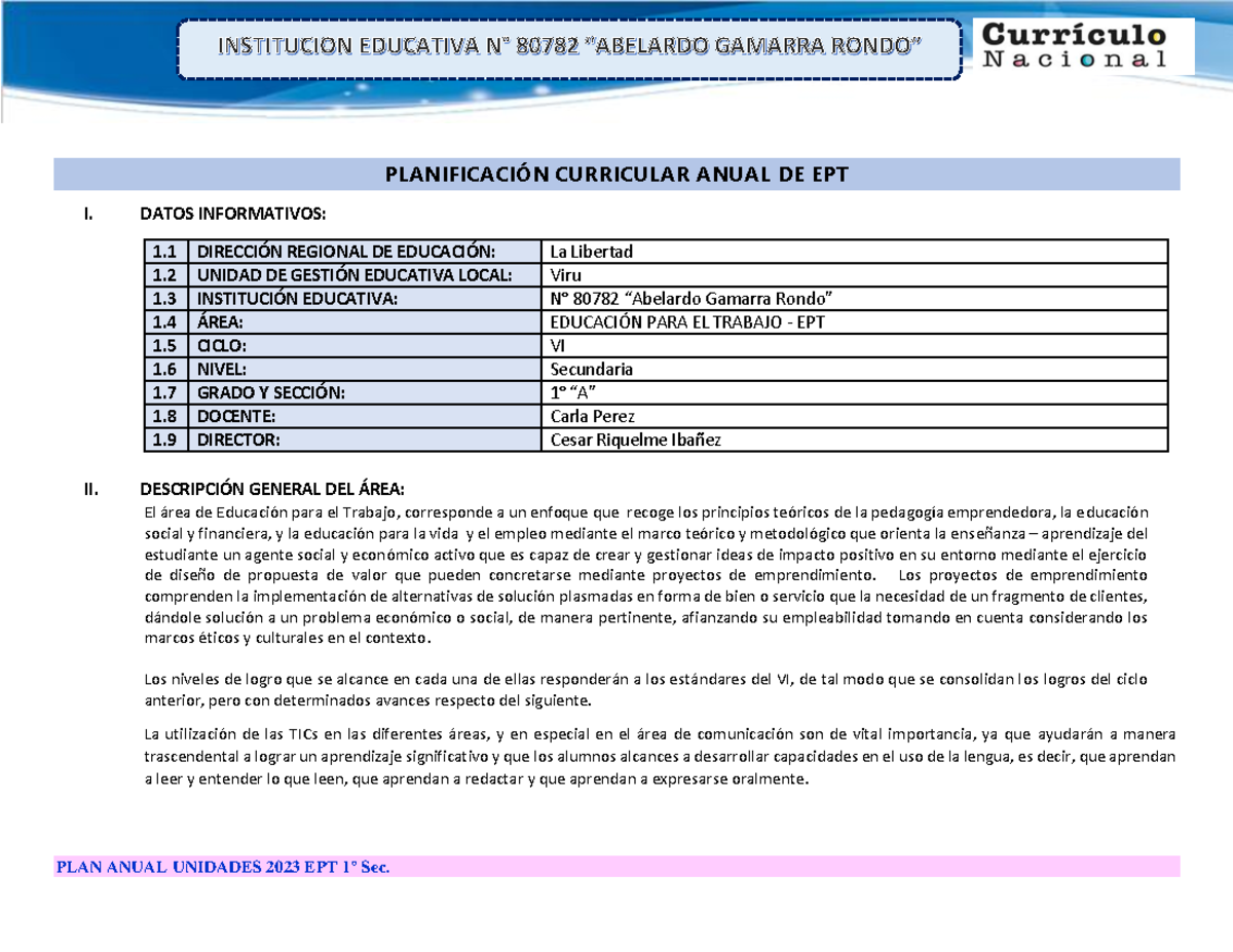 PLAN Anual EPT 1° SEC 2023 - PLANIFICACIÓN CURRICULAR ANUAL DE EPT I. DATOS INFORMATIVOS: 1 ...