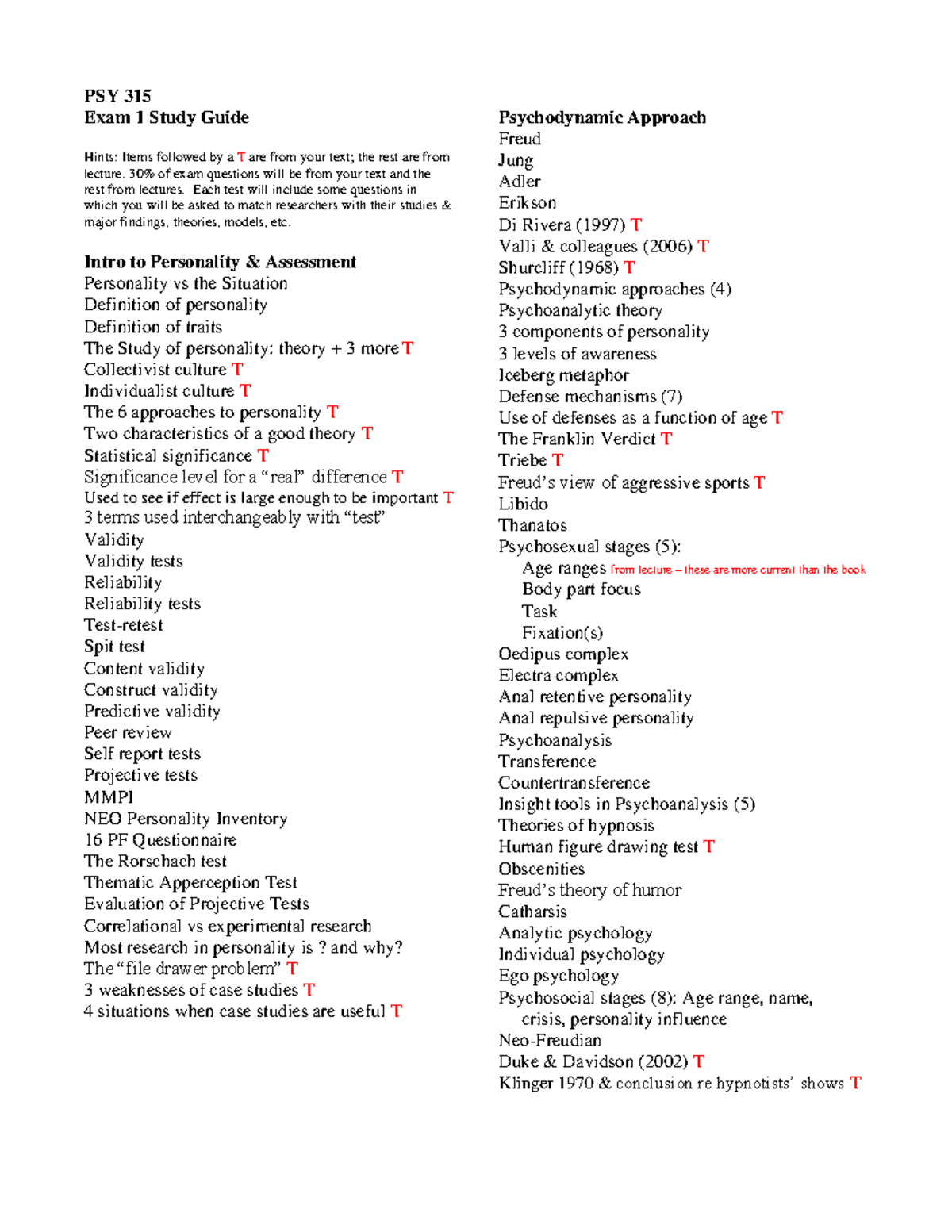 Personality Theory Study Guide 1 - PSY 315 Exam 1 Study Guide Hints ...