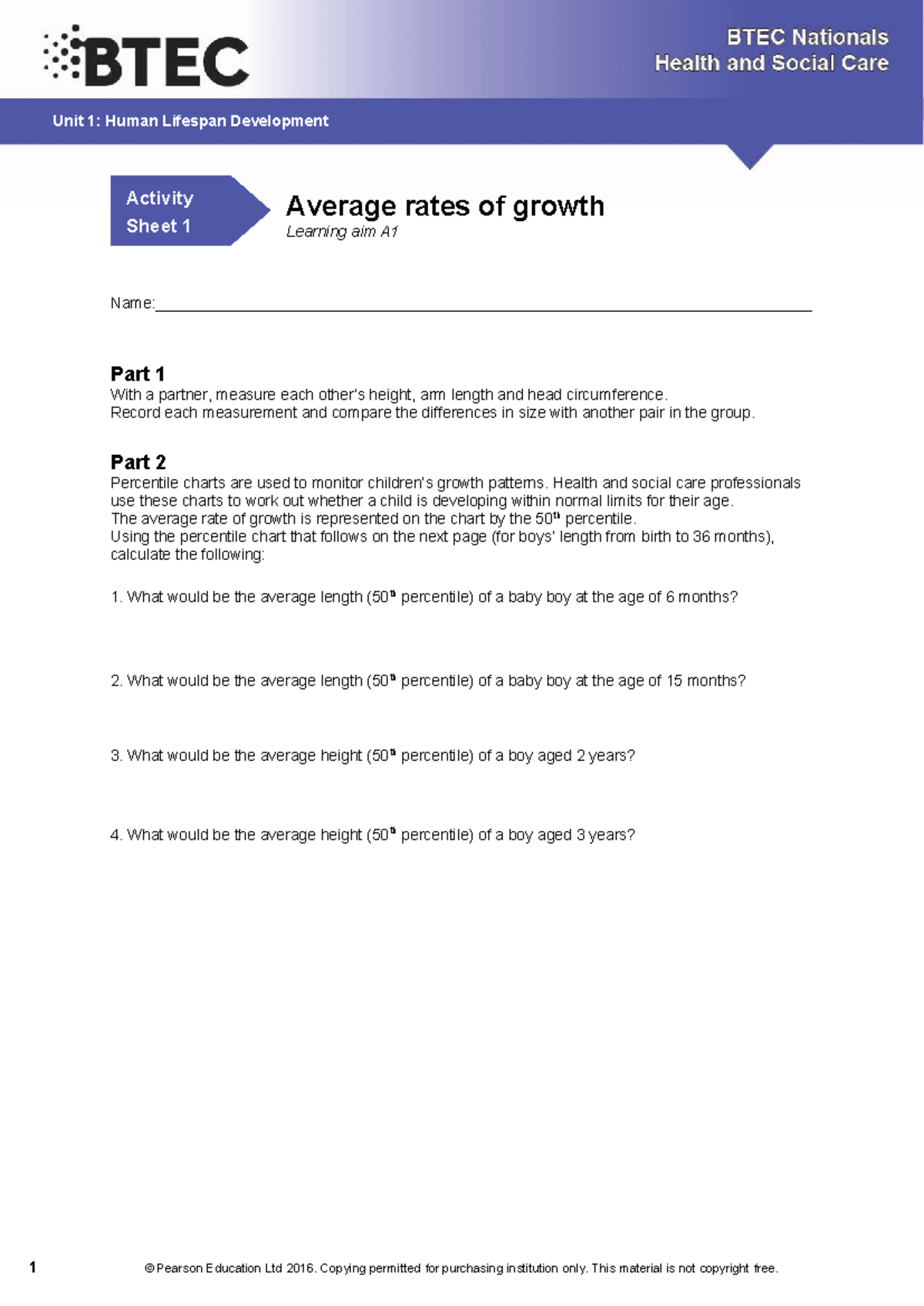 Lesson 1- Activity 1- Average rate of growth - Unit 1: Human Lifespan ...