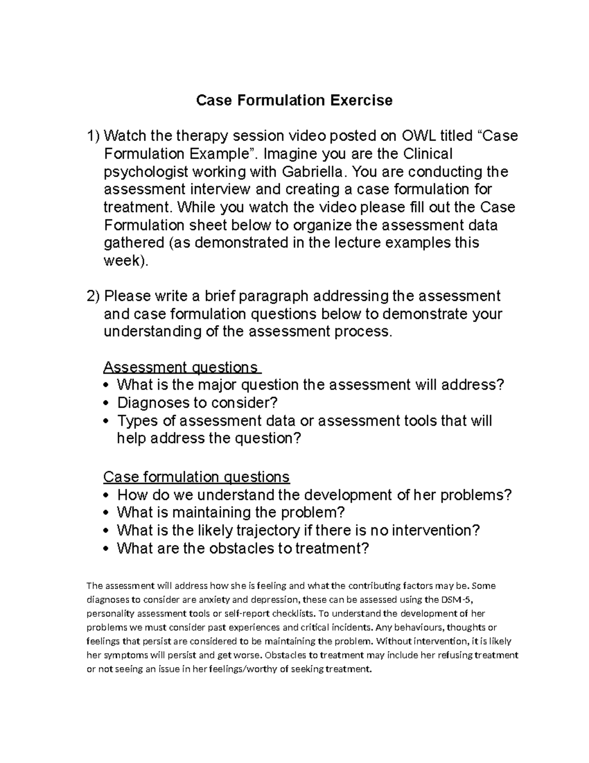 Case Formulation Exercise - Imagine you are the Clinical psychologist ...