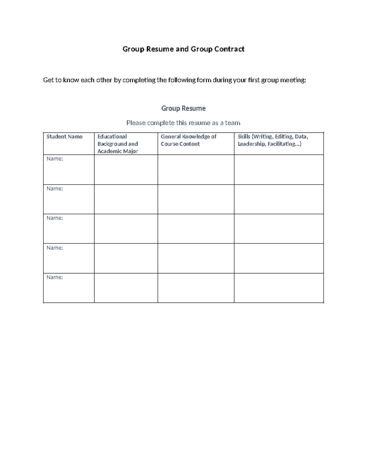 Group Resume and Group Contract Templates - Group Resume and Group ...