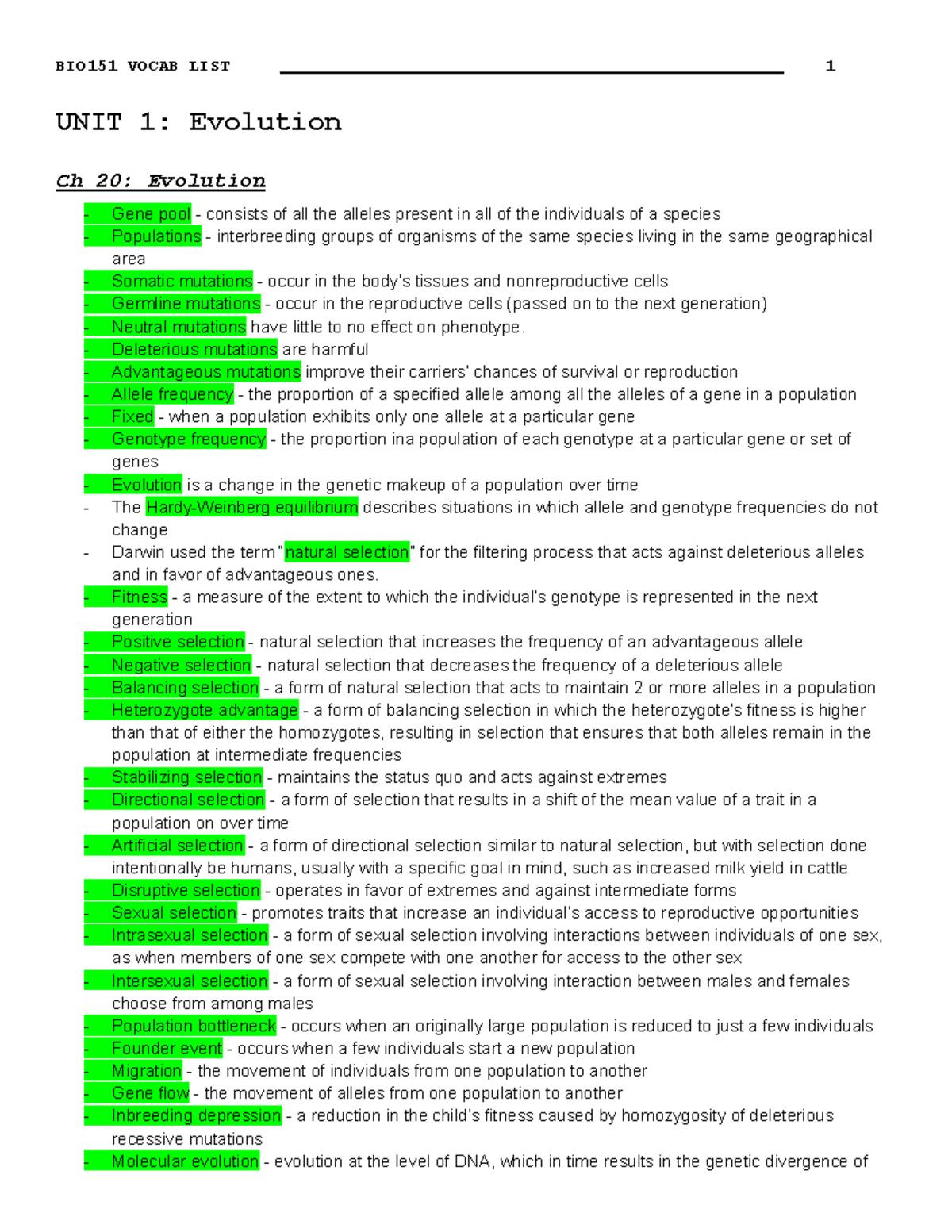 Composite Vocab List BIO151 F2020 - UNIT 1: Evolution Ch 20: Evolution ...
