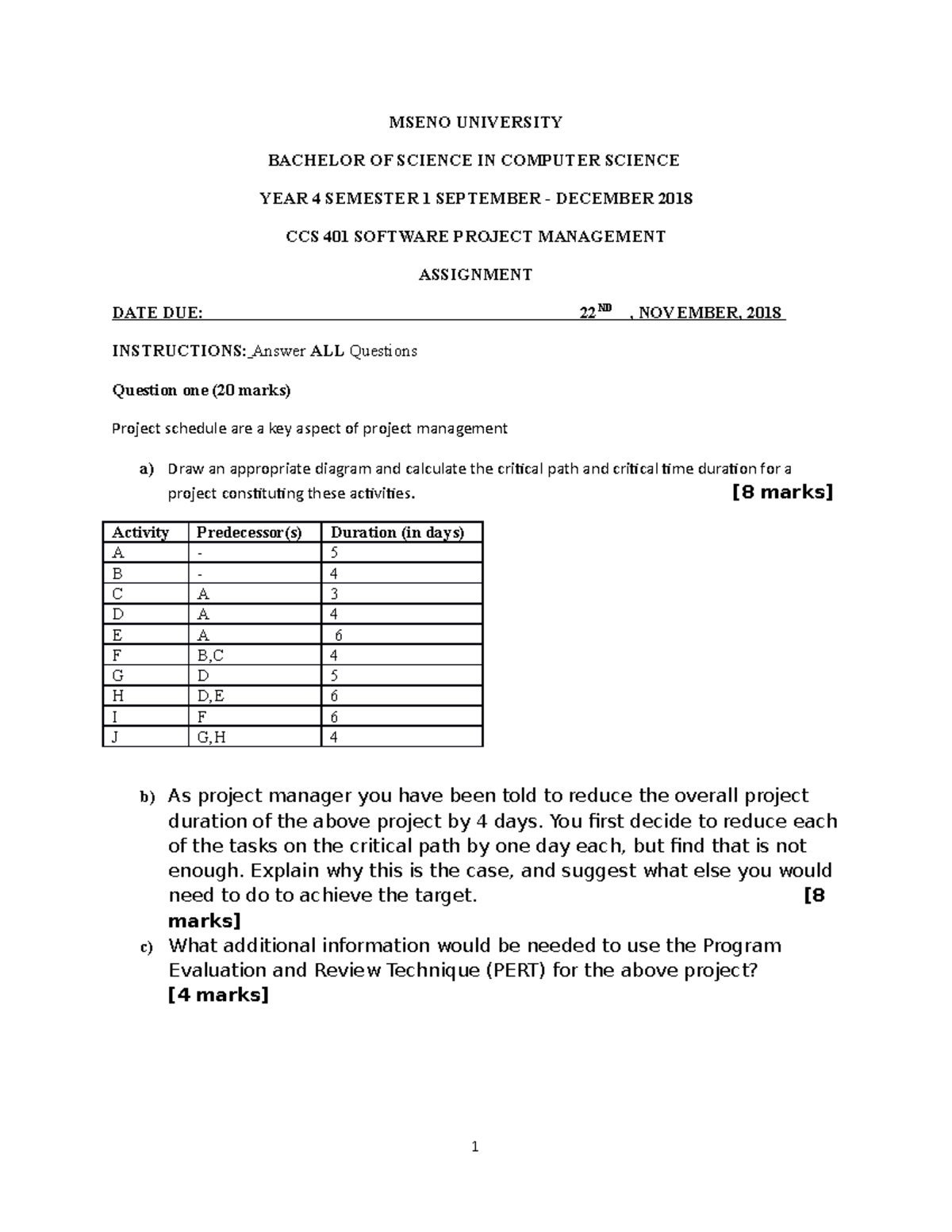 CCS 401 Software Project Management - MSENO UNIVERSITY BACHELOR OF ...