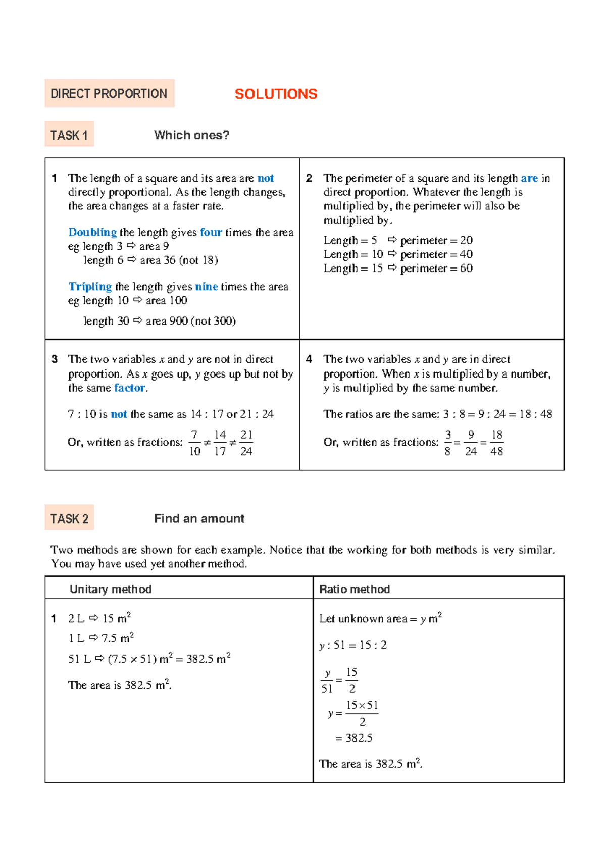 Direct-proportion- Solutions - DIRECT PROPORTION SOLUTIONS TASK 1 Which ...