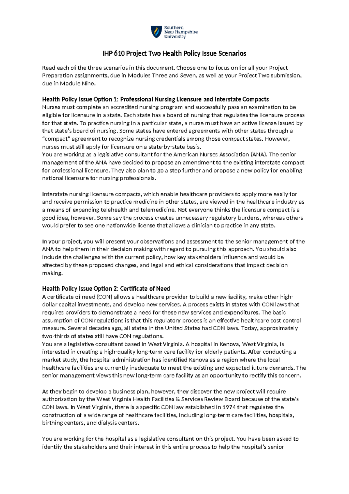 IHP 610 Project Two Health Policy Issue Scenarios - Choose one to focus ...