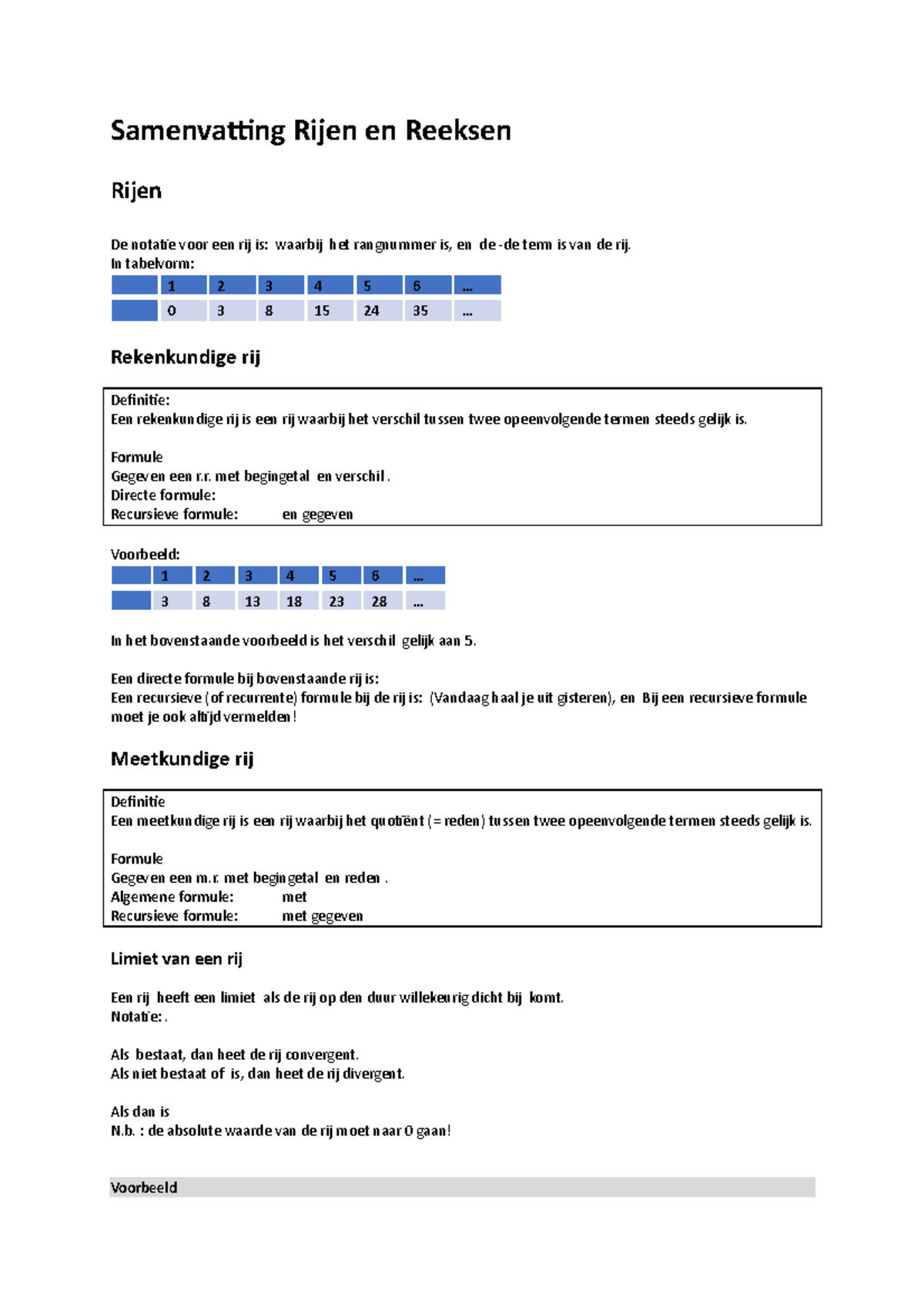 Samenvatting Rijen en Reeksen - Samenvatting Rijen en Reeksen Rijen De ...