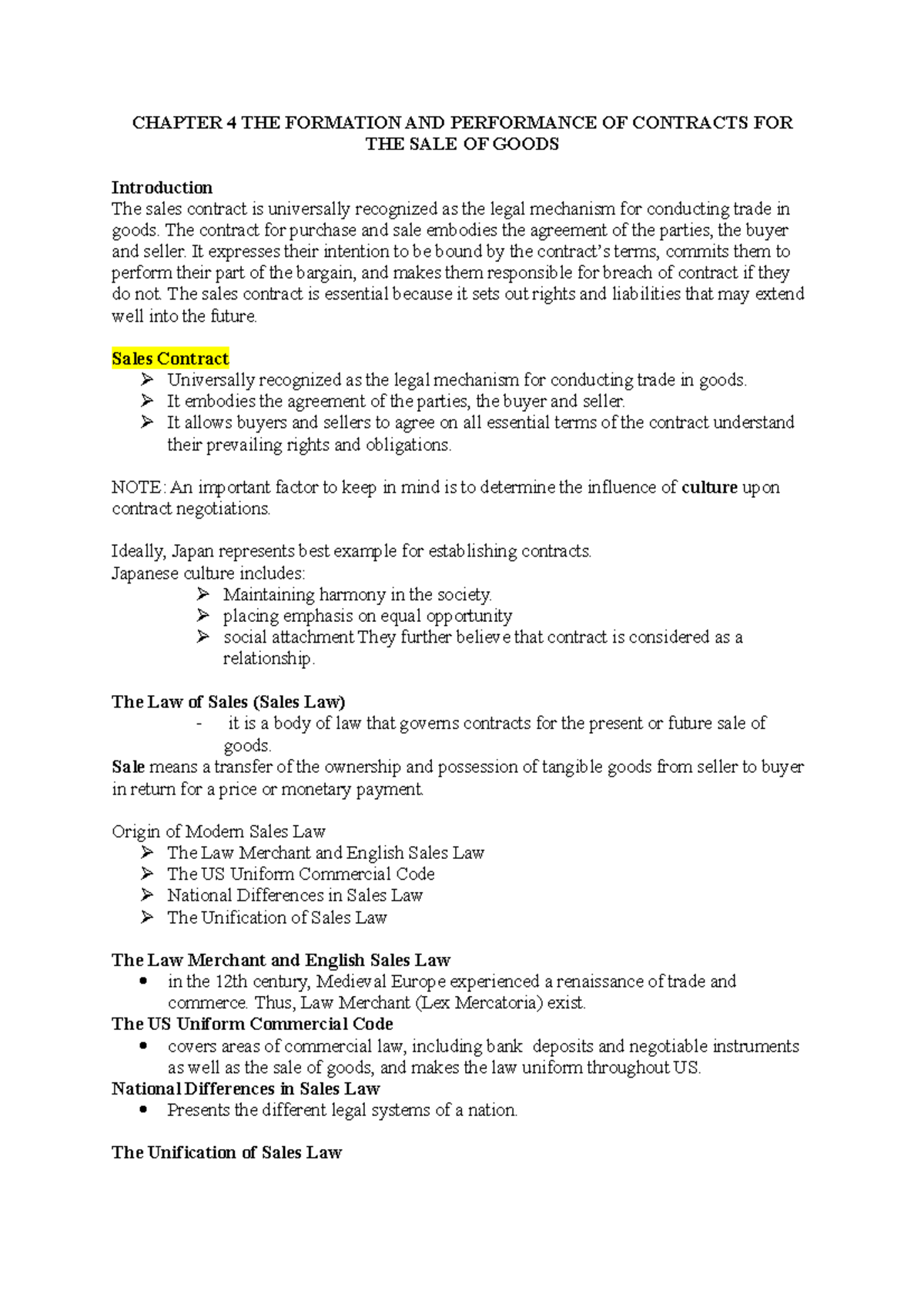 THE FORMATION AND PERFORMANCE OF CONTRACTS FOR THE SALE OF GOODS ...
