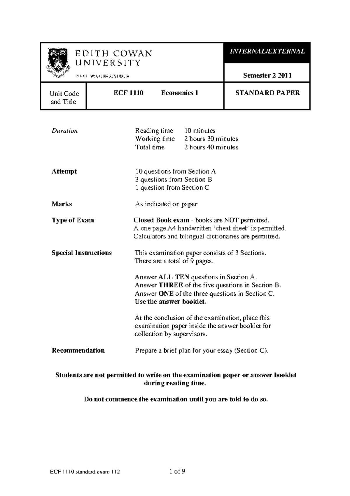 Exam 10 May 2018, questions - INTERNAL/EXTERNAL Semester 2 2011 ECF ...