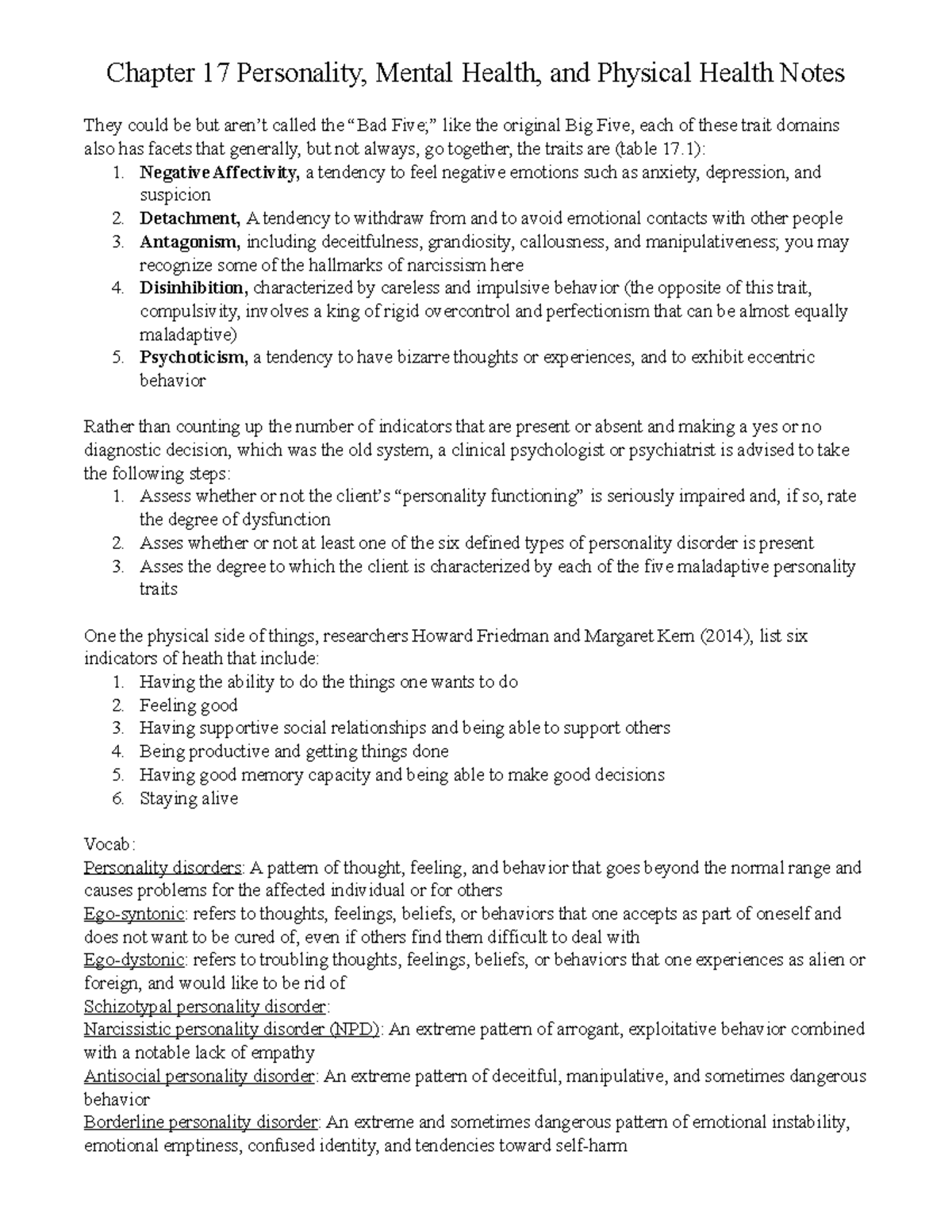 Chapter 17 Personality notes - Chapter 17 Personality, Mental Health ...