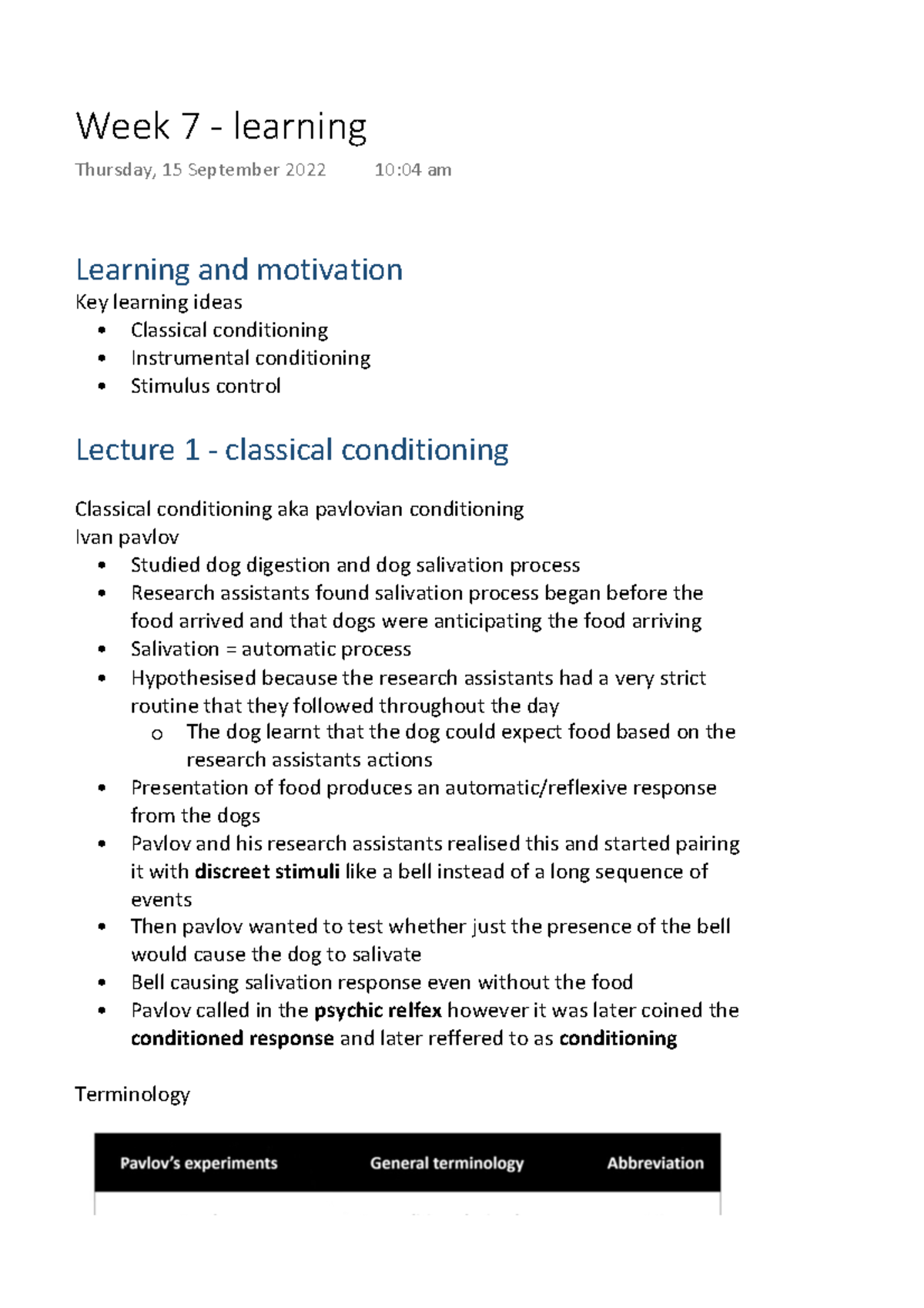 Week 7 - learning - Learning and motivation Key learning ideas - Classical conditioning - - Studocu