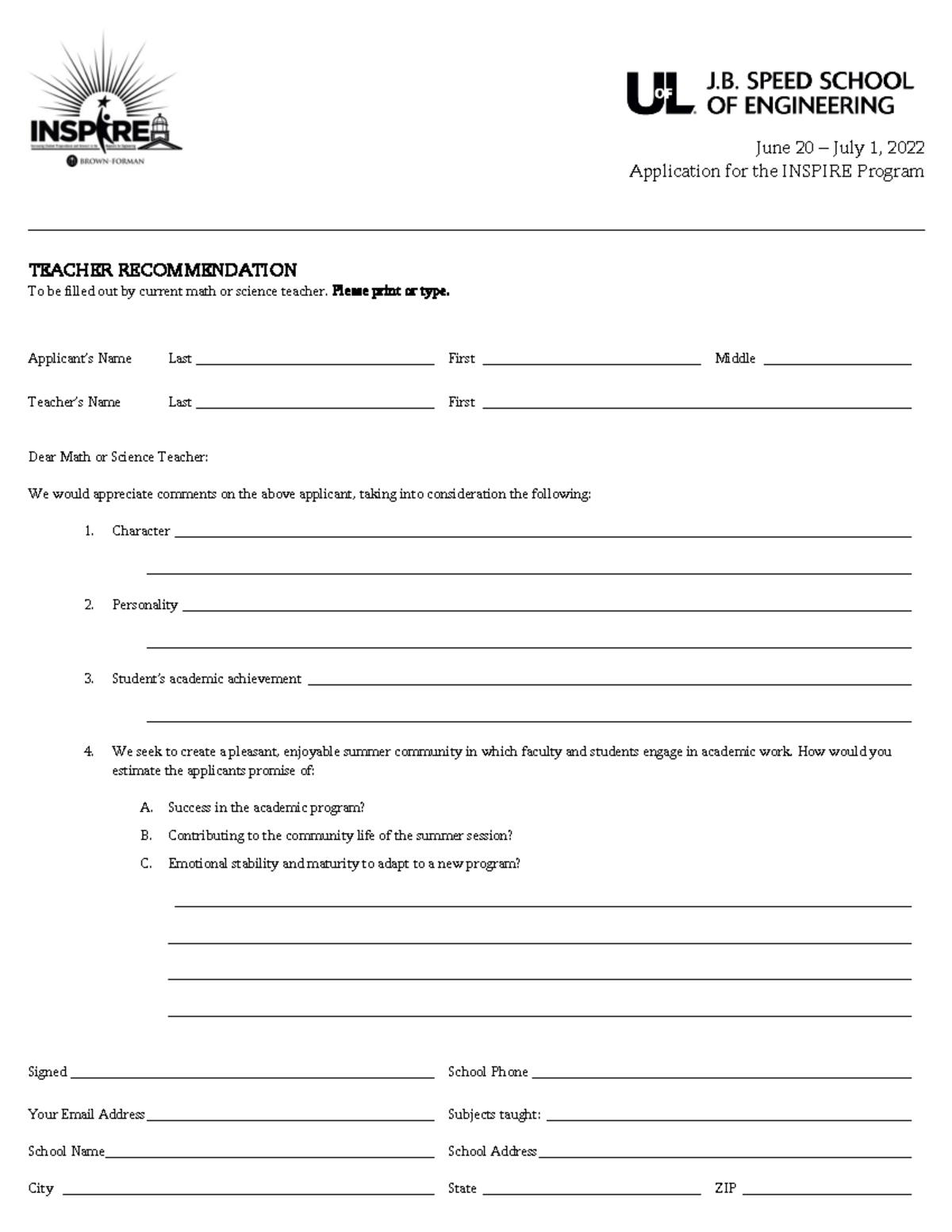 Inspire teacher Recommendation Form - June 20 – July 1, 2022 Application for the INSPIRE Program ...