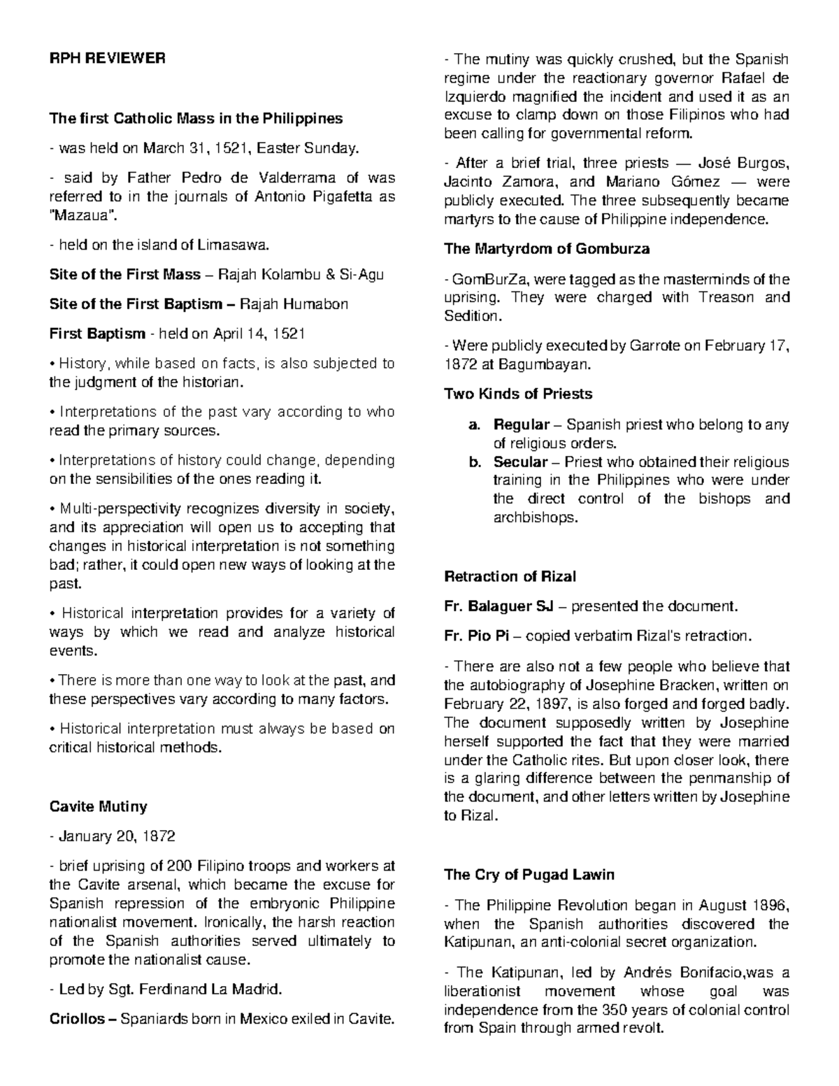 RPH Reviewer - RPH REVIEWER The first Catholic Mass in the Philippines ...