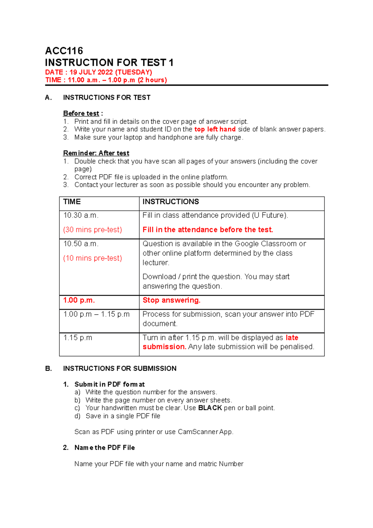 ACC116 TEST 19 JULY 2022 Instructions TO Students - ACC INSTRUCTION FOR ...