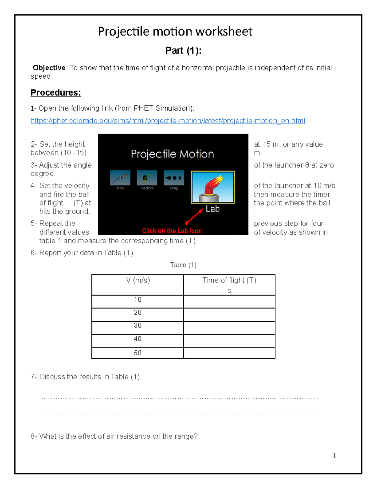 Projectile motion worksheet - Part (1): Objective : To show that the ...