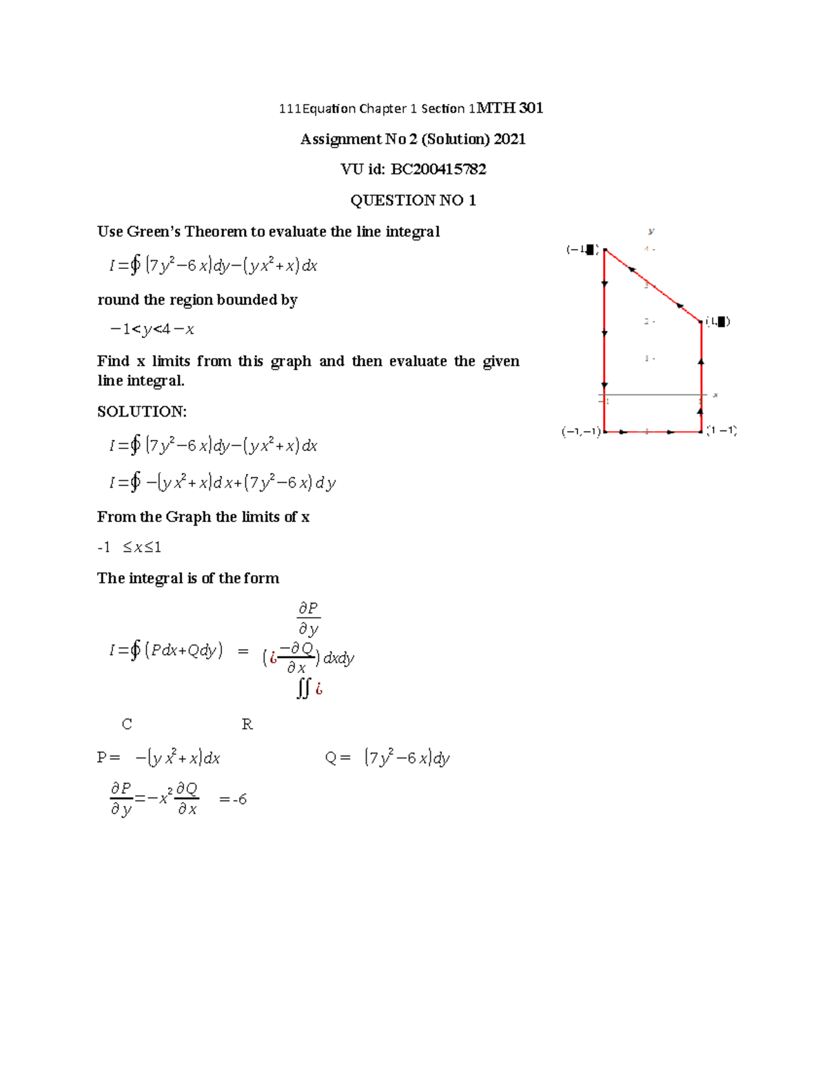 MTH 301 - mth301 - 111Equation Chapter 1 Section 1 MTH 301 Assignment No 2 (Solution) 2021 VU id ...