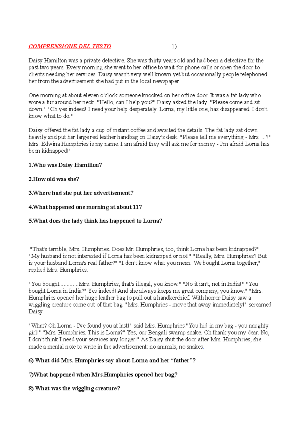 Comprensione DEL Testo CON Domande - COMPRENSIONE DEL TESTO 1) Daisy ...