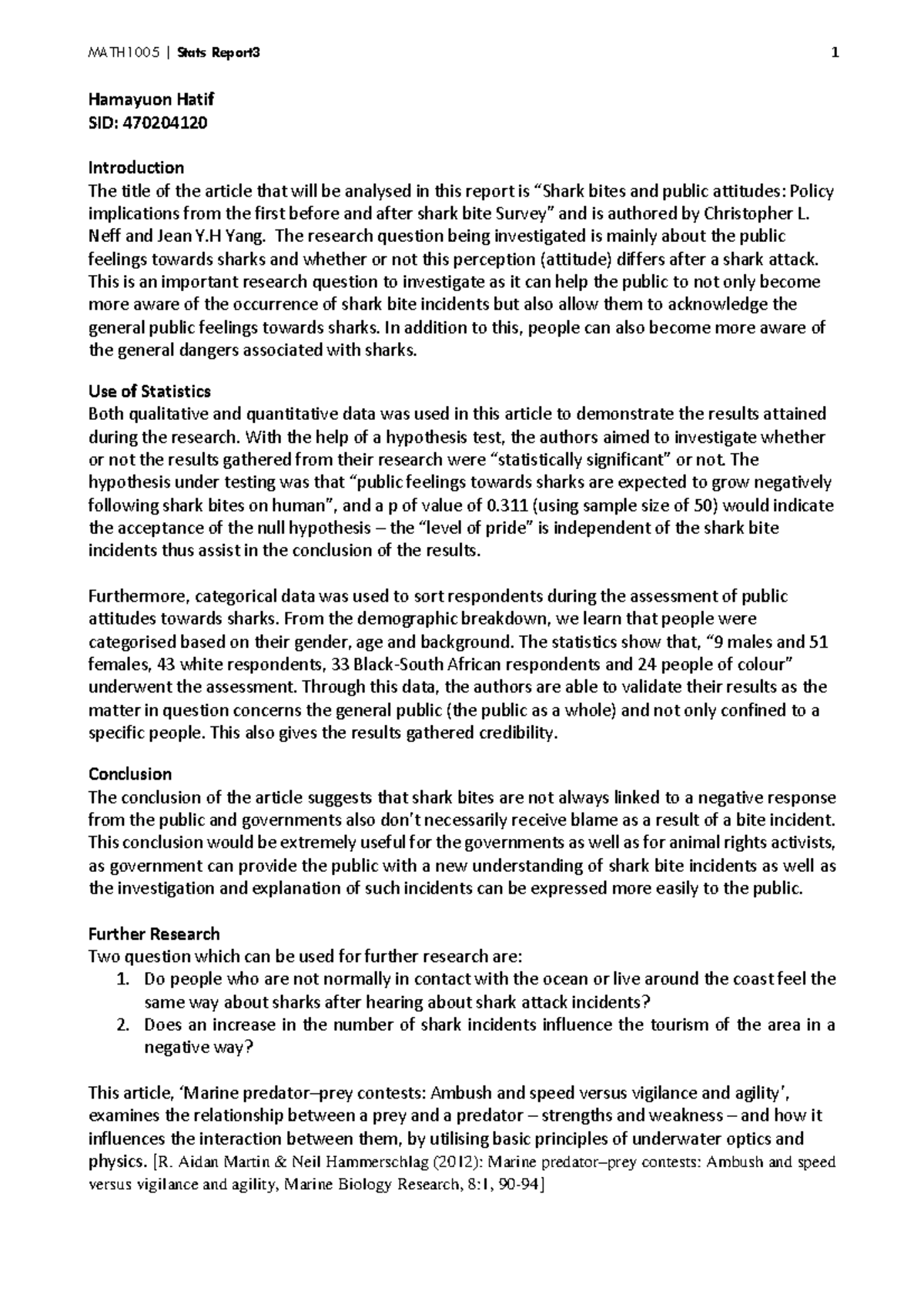 Report 3 - Shark Attacks - MATH1005 Stats Report3 1 Hamayuon Hatif SID ...