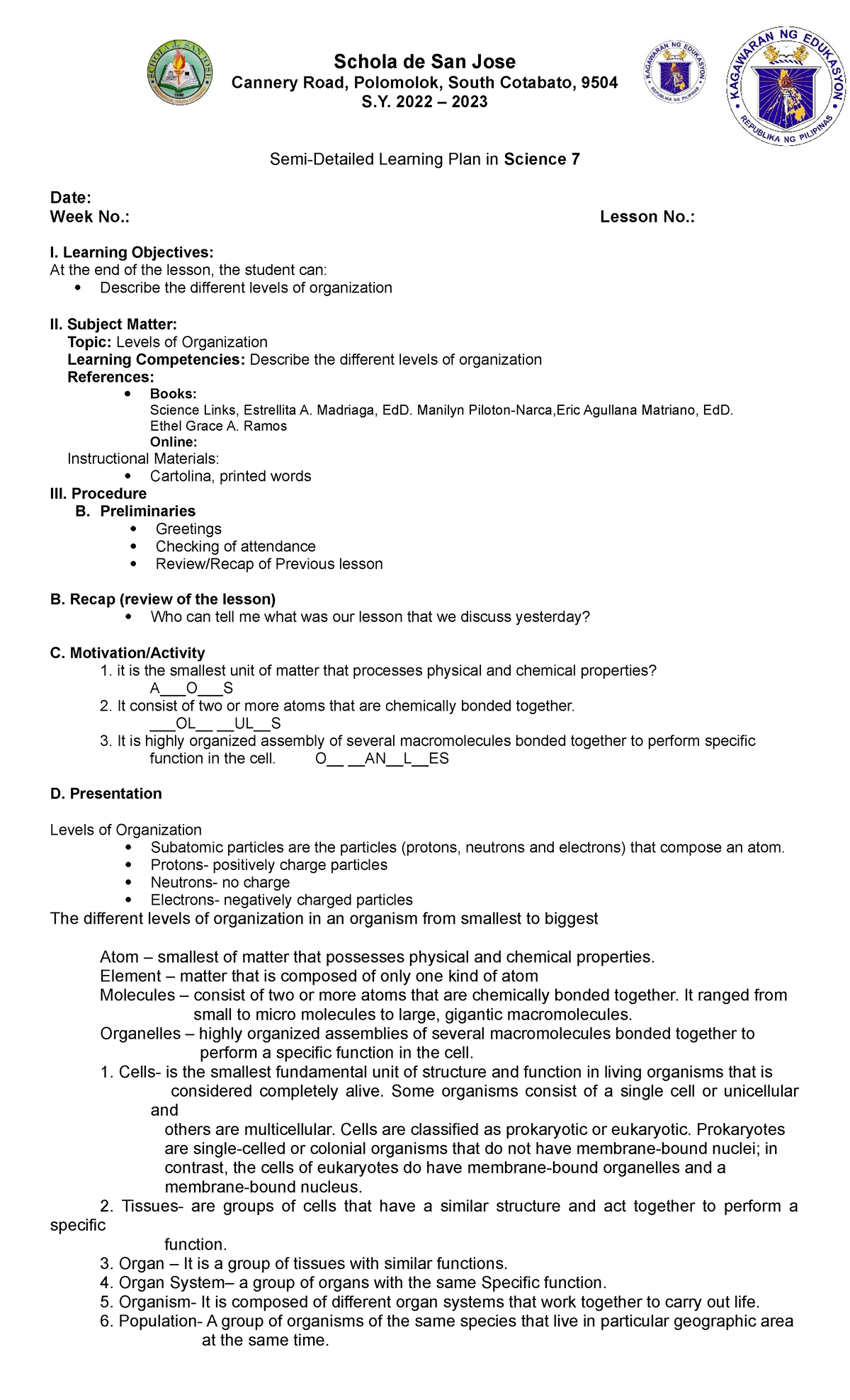 LP Science 7 Q2-W3 - sdgj - Schola de San Jose Cannery Road, Polomolok ...