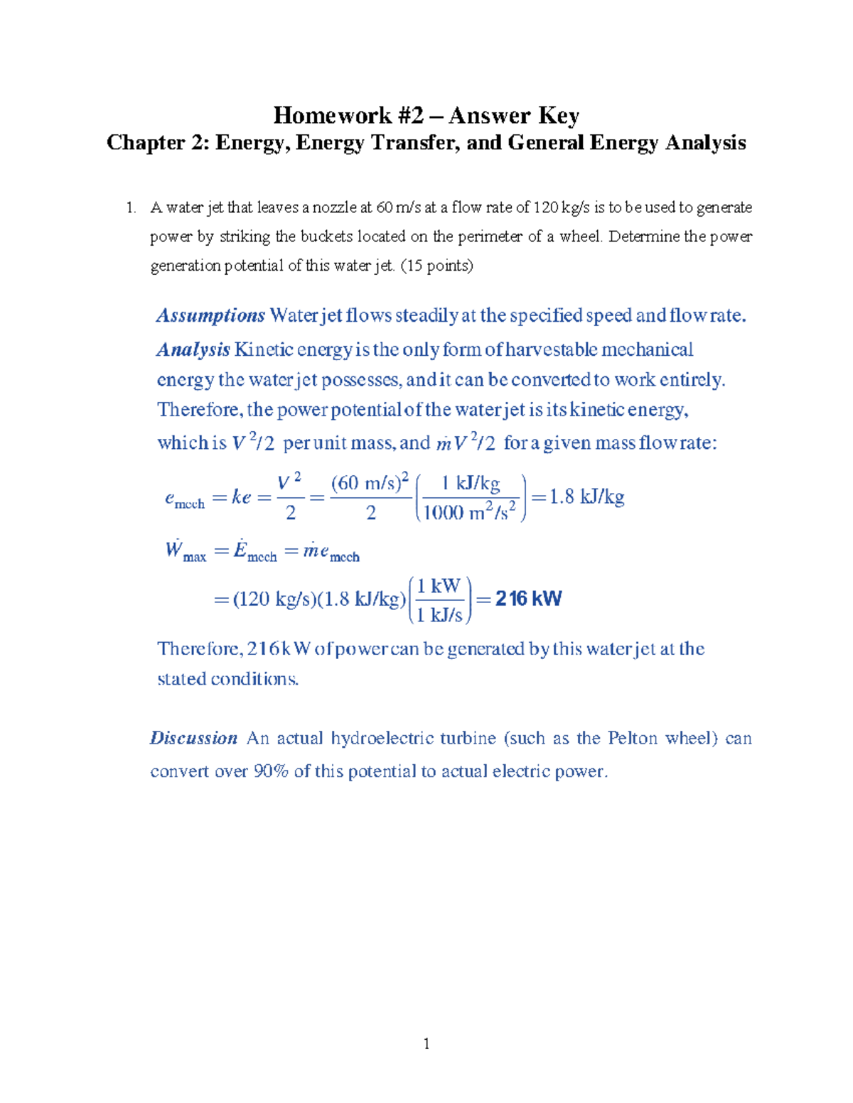 Sln - HW#2 - Fall Semester 2022 - Homework #2 – Answer Key Chapter 2: Energy, Energy Transfer ...
