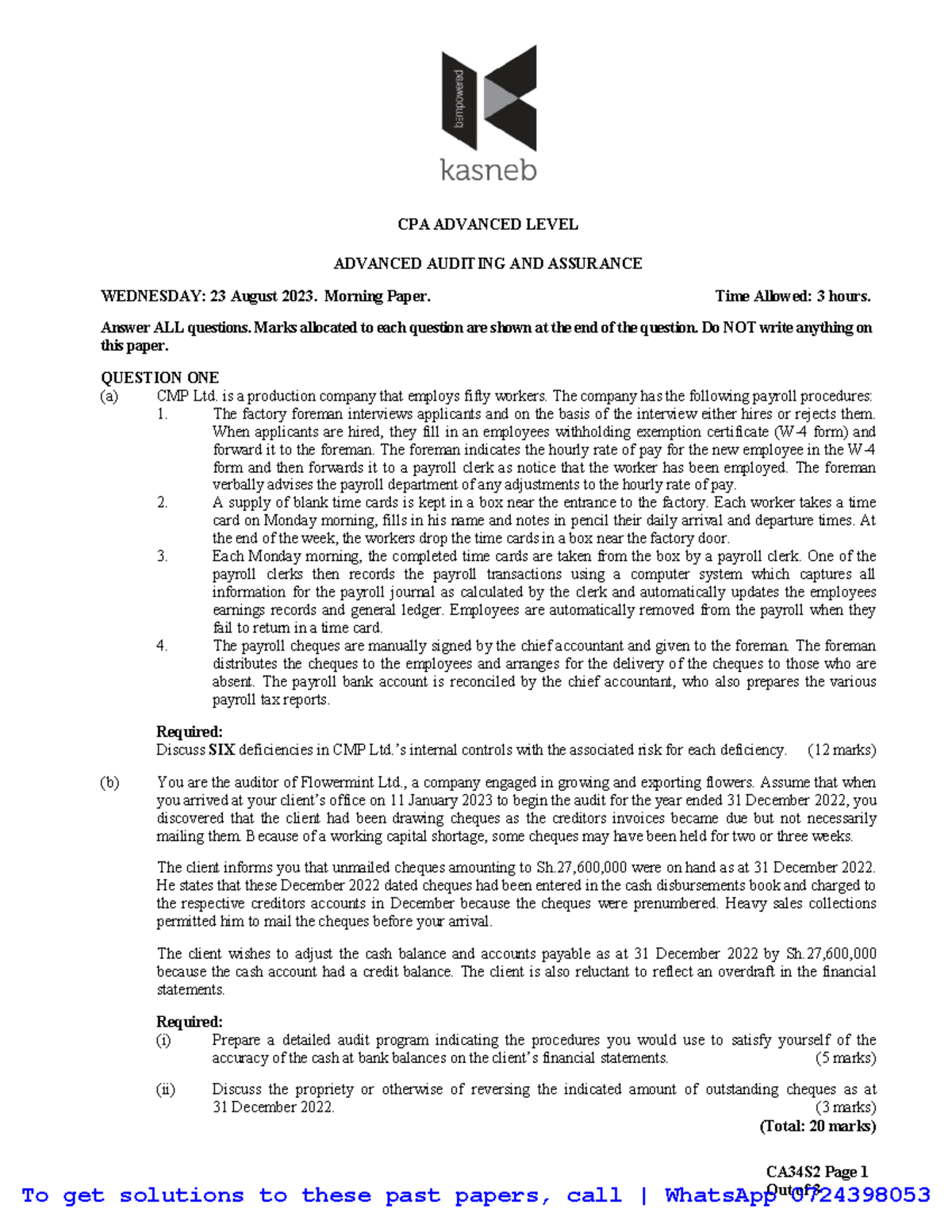 AAA 2015 - Aug 2023 Past Papers - CA34S2 Page 1 Out of 3 CPA ADVANCED ...