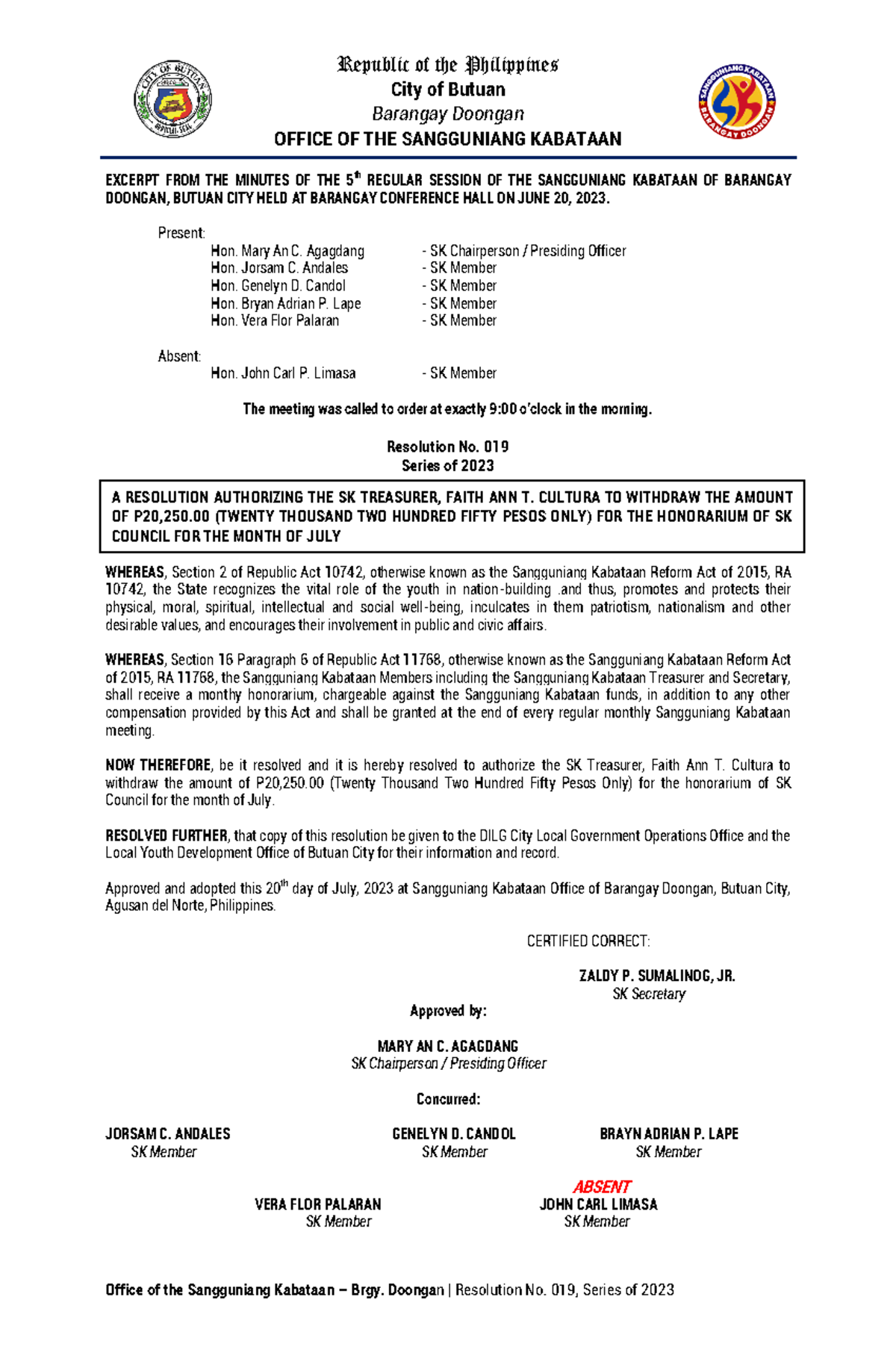 No. 019 July Honorarium - Republic of the Philippines City of Butuan ...
