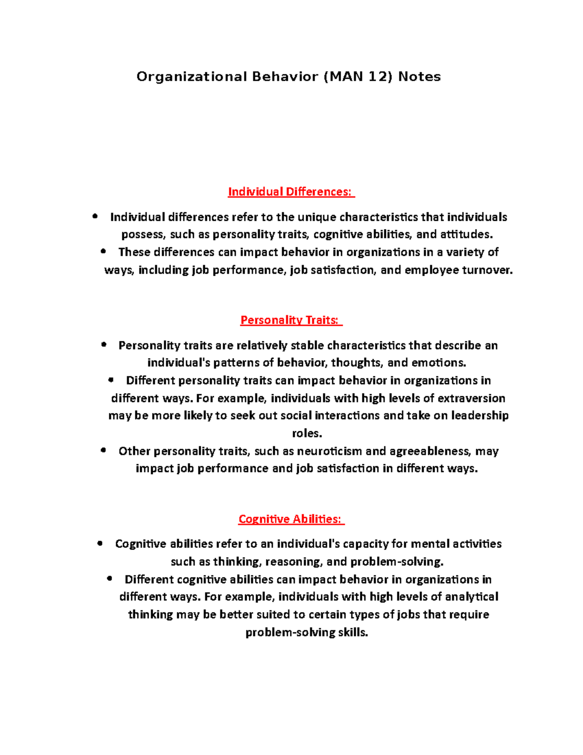 Organizational Behavior (MAN 12) Notes 2 - Organizational Behavior (MAN ...