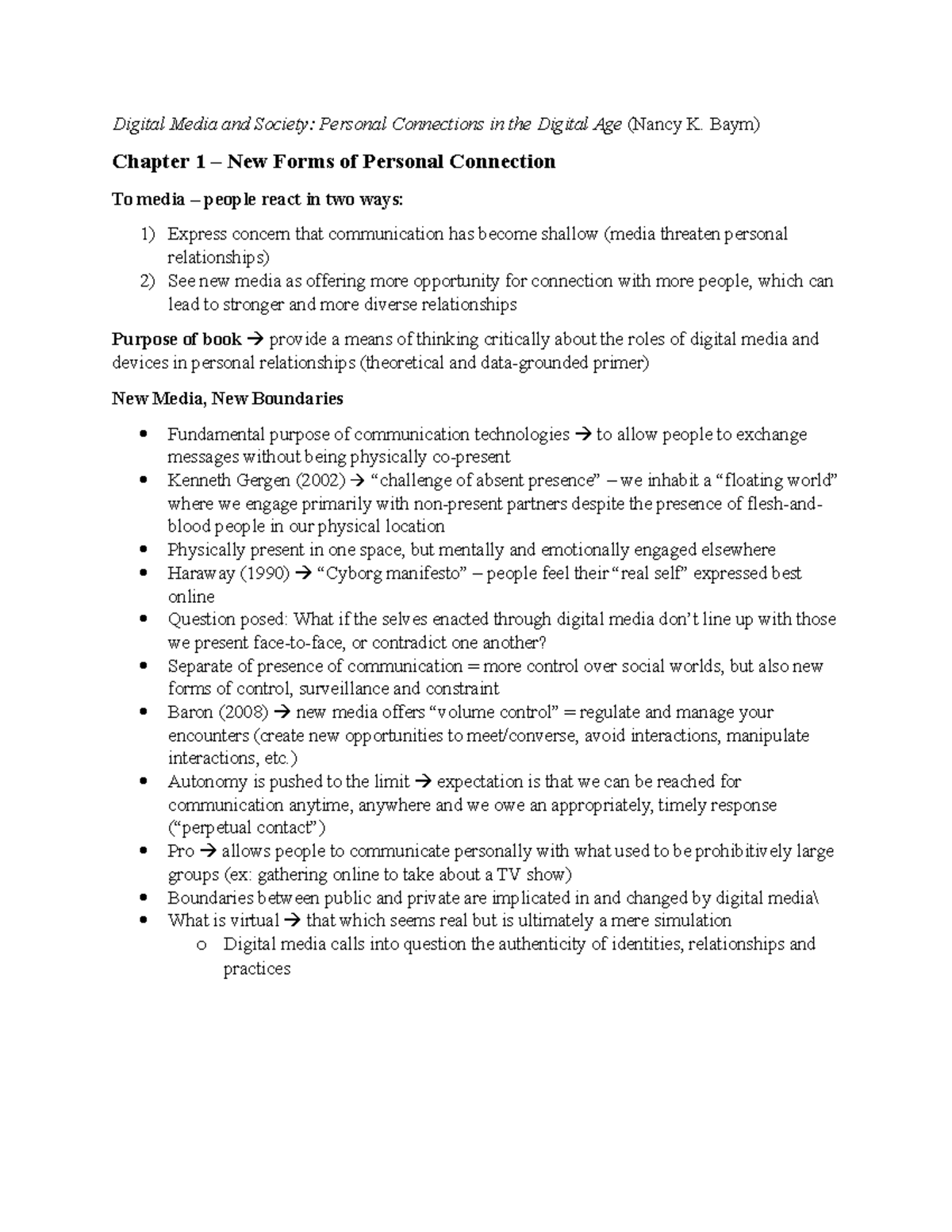 Chapter 1Notes New Forms of Personal Connection - Digital Media and ...