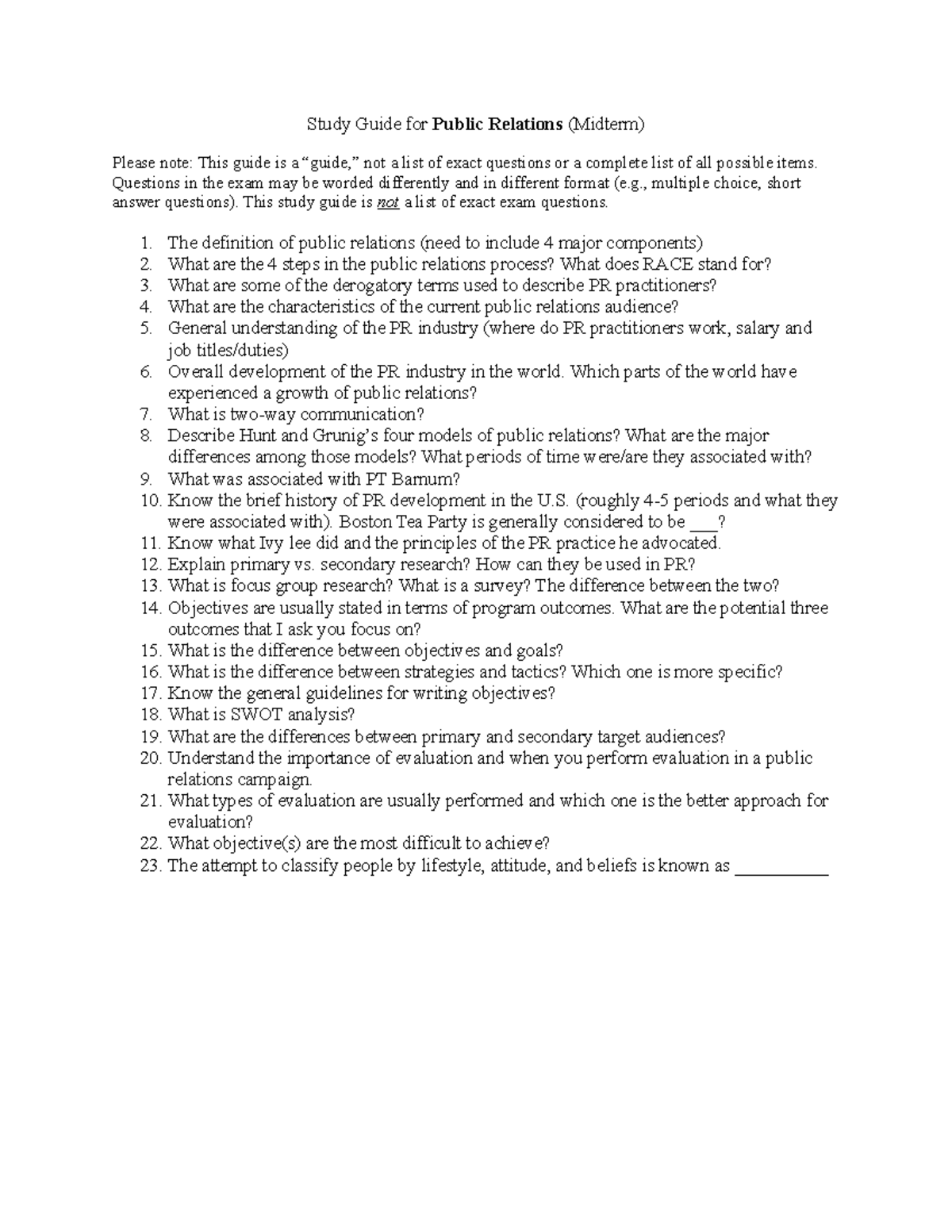PR study guide Midterm - Study Guide for Public Relations (Midterm ...