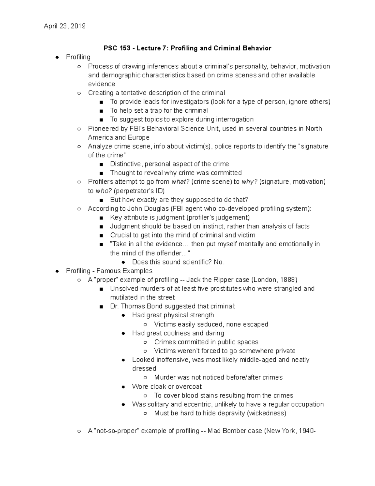 PSC 153 - Lecture 7 - PSC 153 - Lecture 7: Profiling and Criminal ...