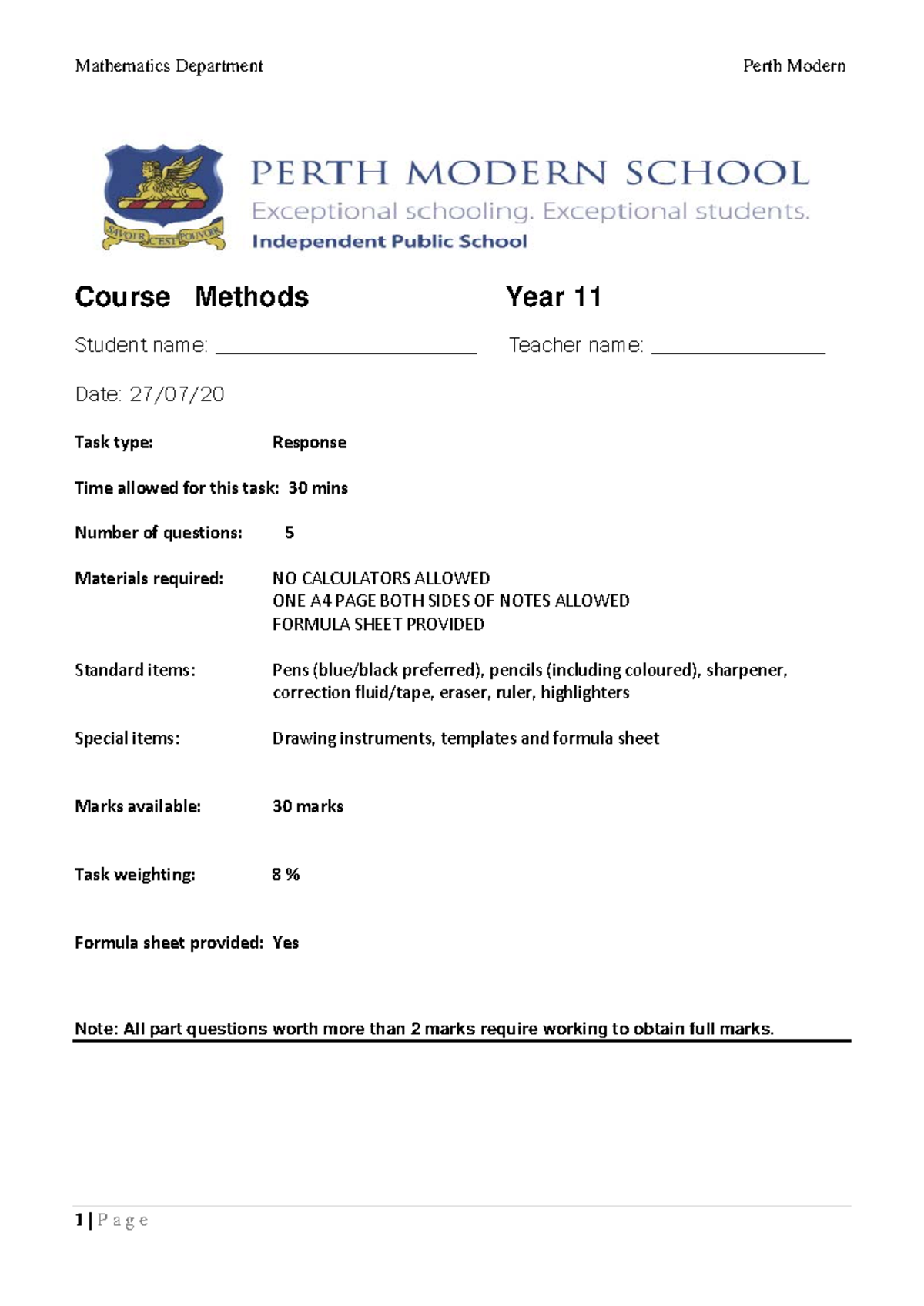 2020 Methods 11 Test 2 Calc Free - Course Methods Year 11 Student name