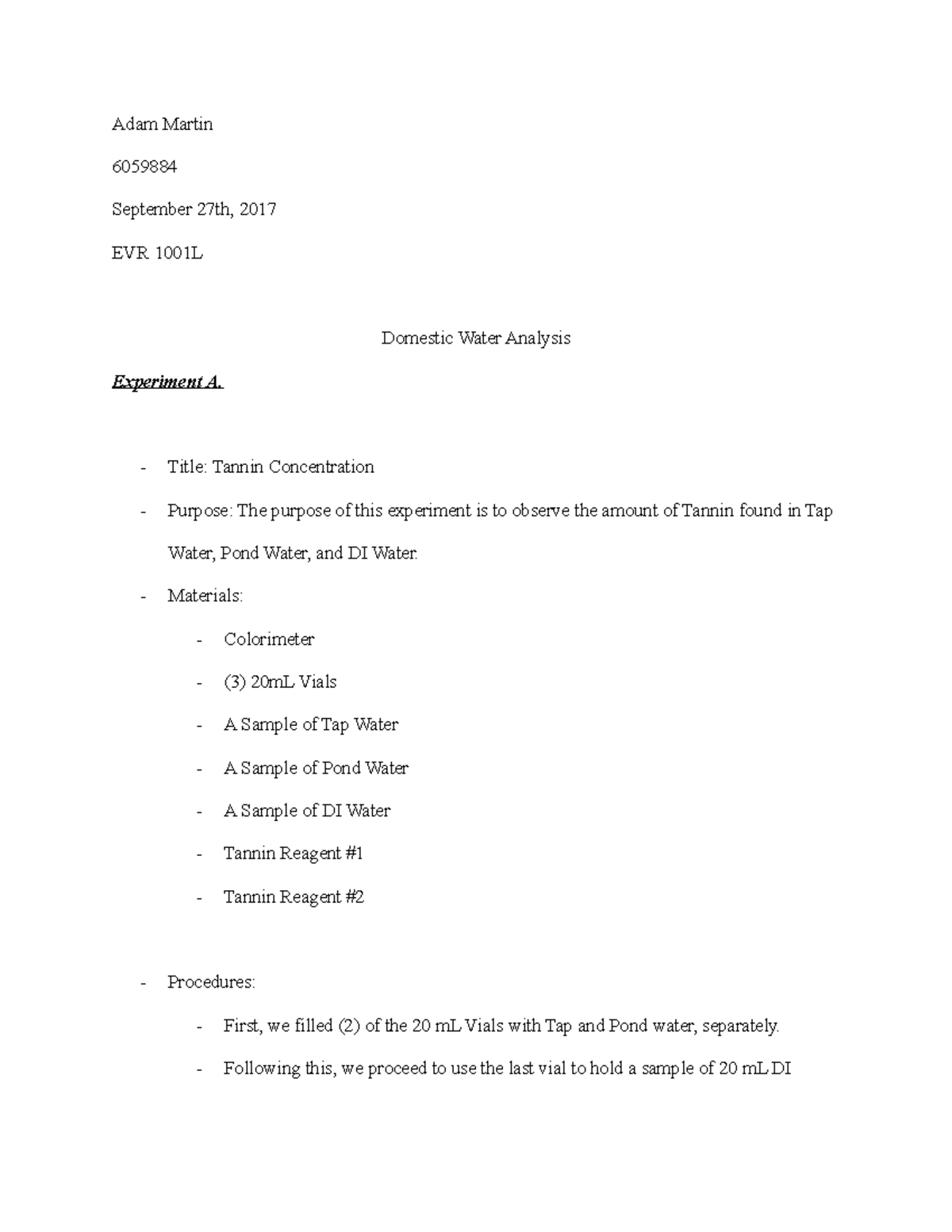 Water analysis Lab - Adam Martin 6059884 September 27th, 2017 EVR 1001L ...