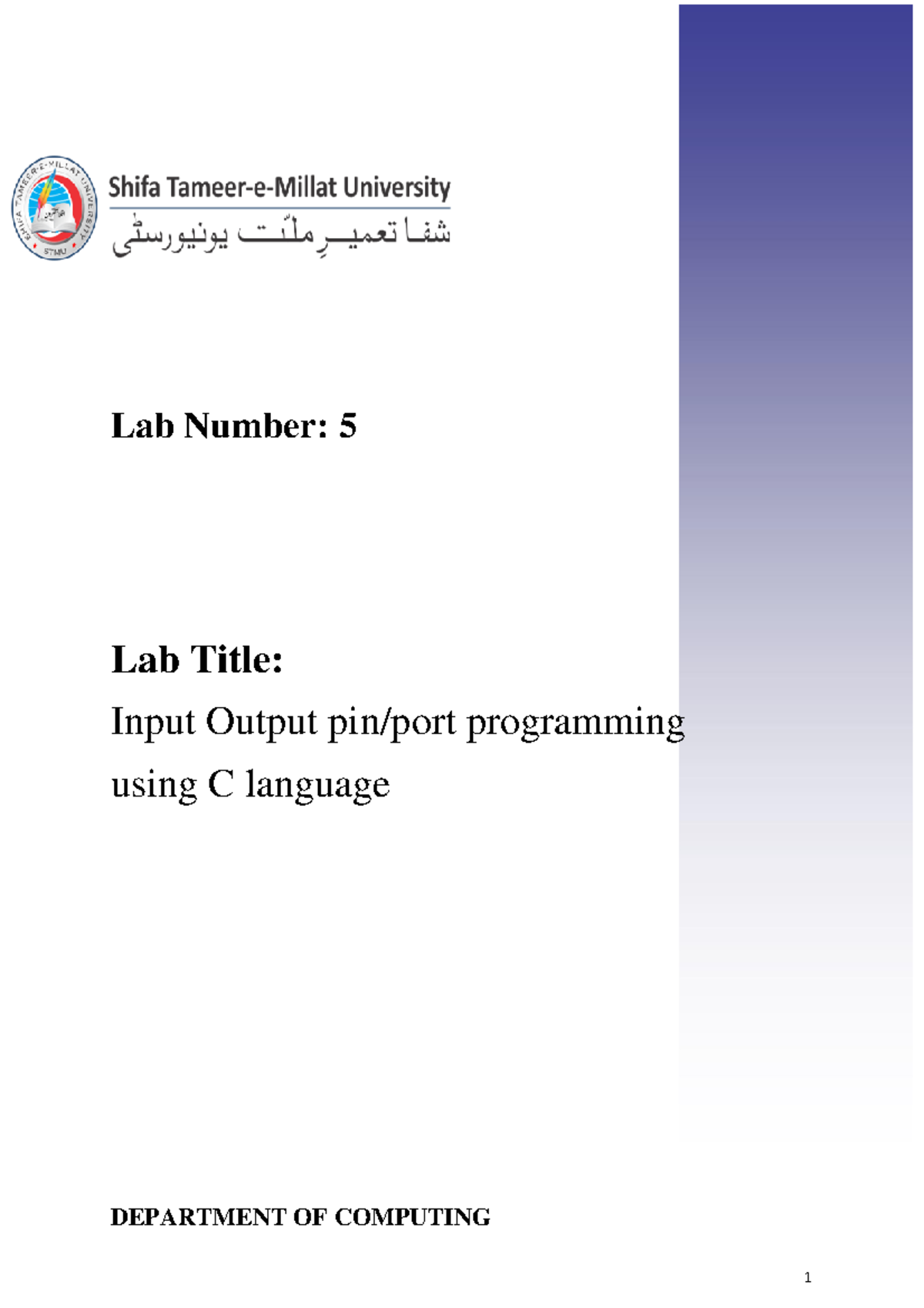 COAL LAB5 STMU - lab manaul 5 - Lab Number: 5 Lab Title: Input Output pin/port programming using ...