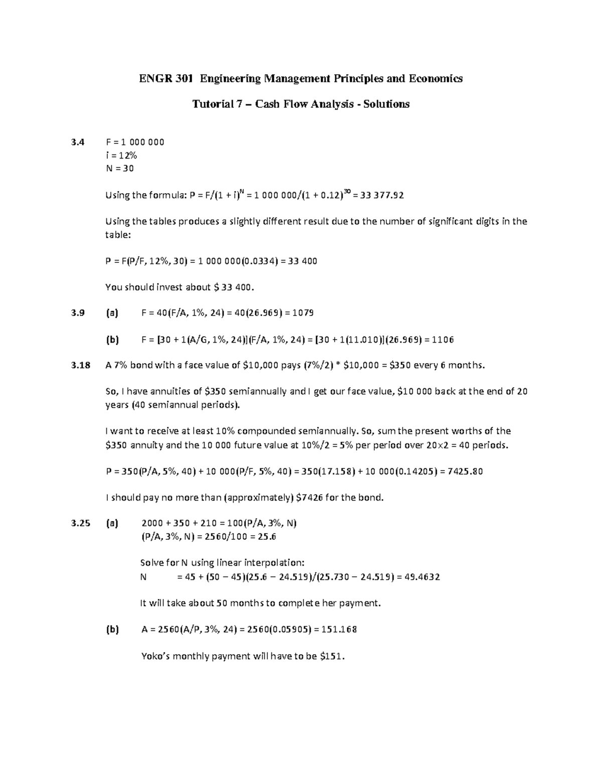 Tut7soln - Tutorial 7 solution work for ENGR301 - ENGR 301 Engineering Management Principles and ...