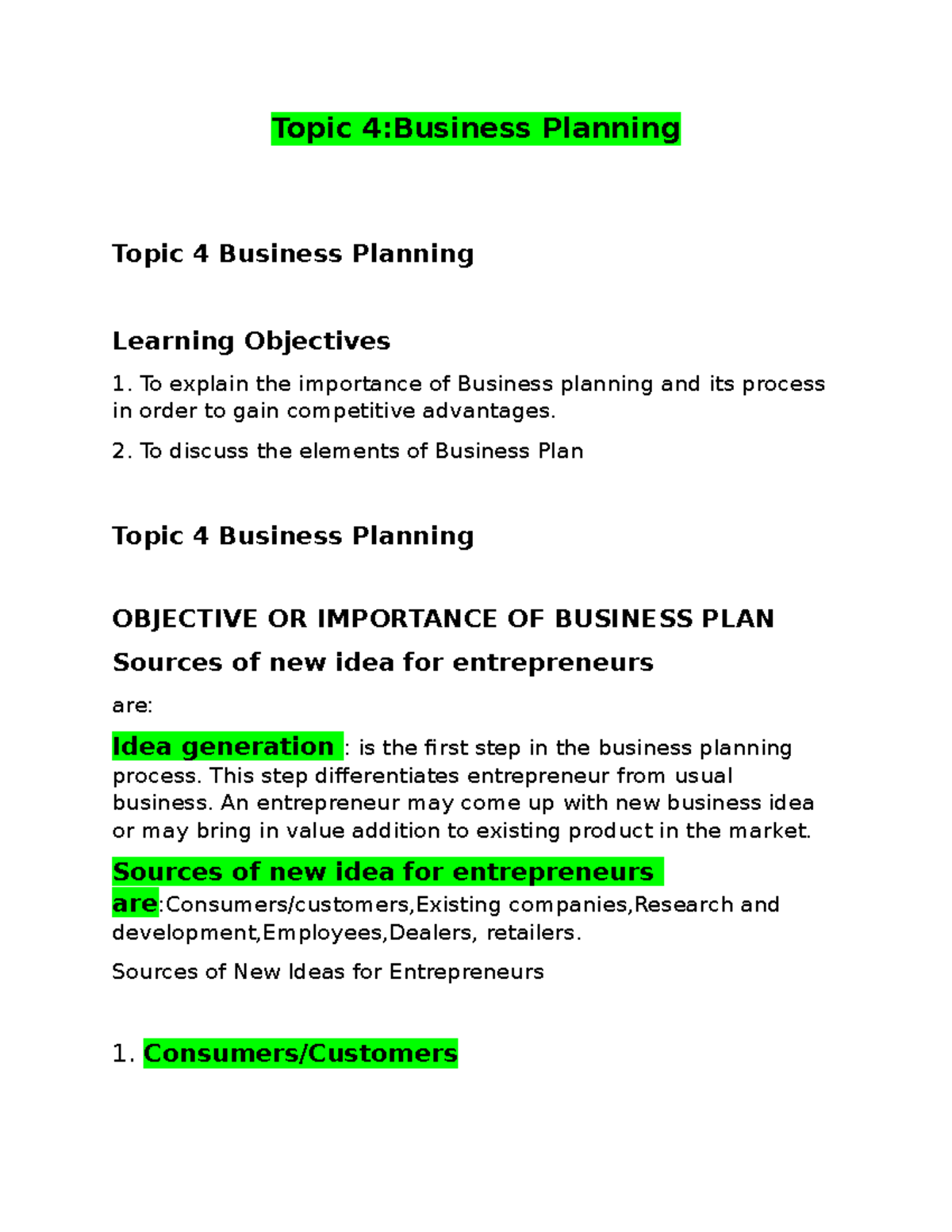 Business Planing I - Topic 4:Business Planning Topic 4 Business ...
