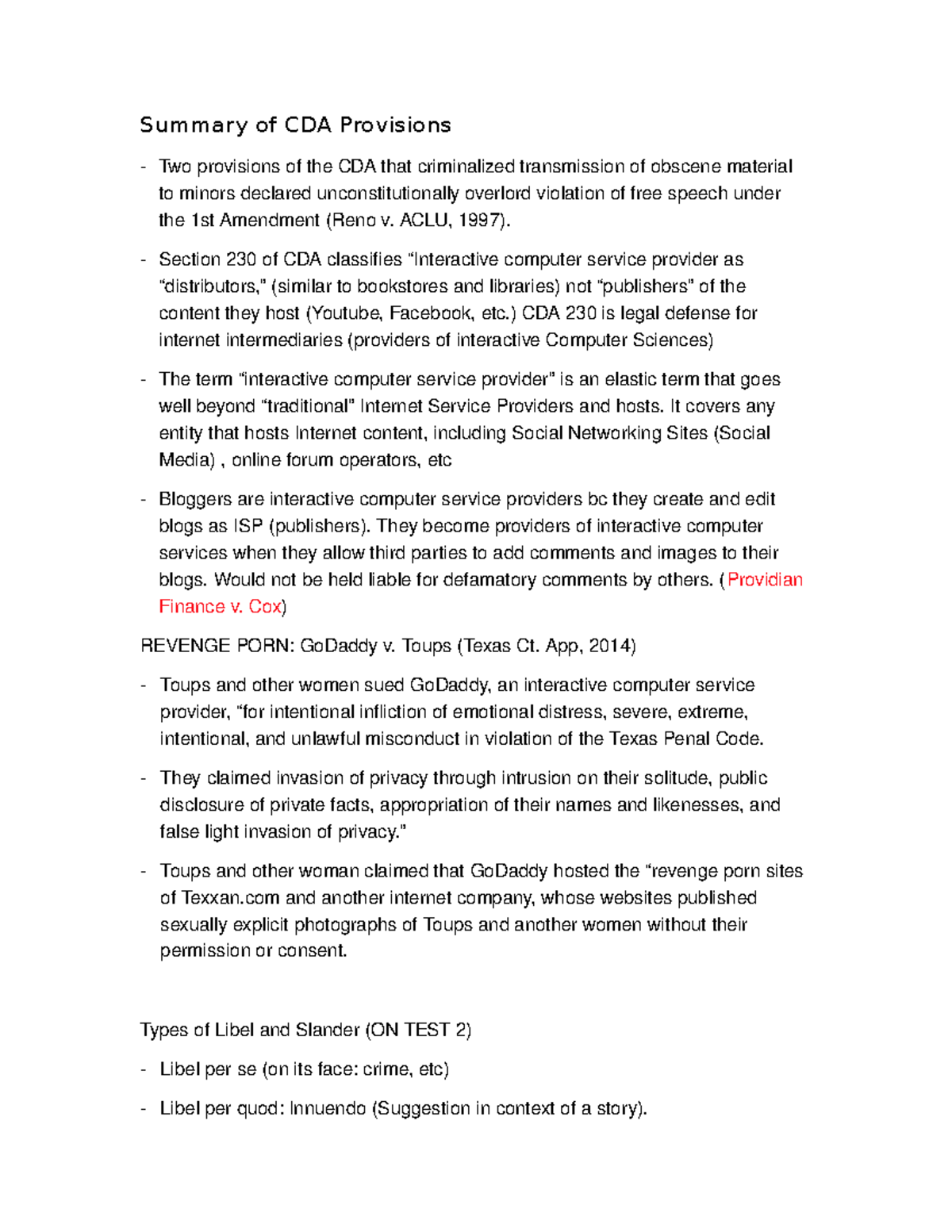 Updated MCOM 3320 - Lecture notes 4-6 - Summary of CDA Provisions - Two ...