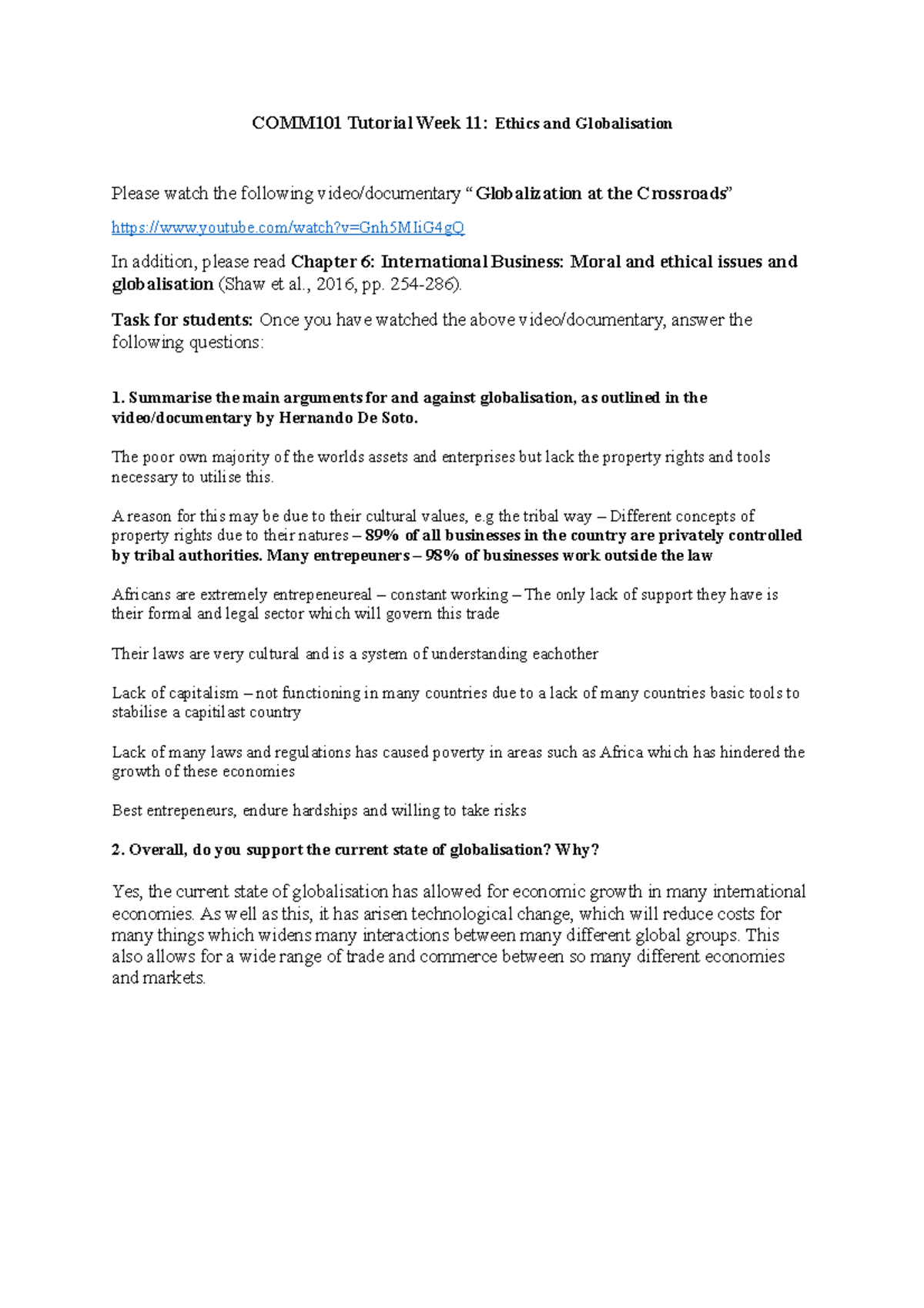 Week 11Q - COMM101 Tutorial Week 11: Ethics and Globalisation Please ...