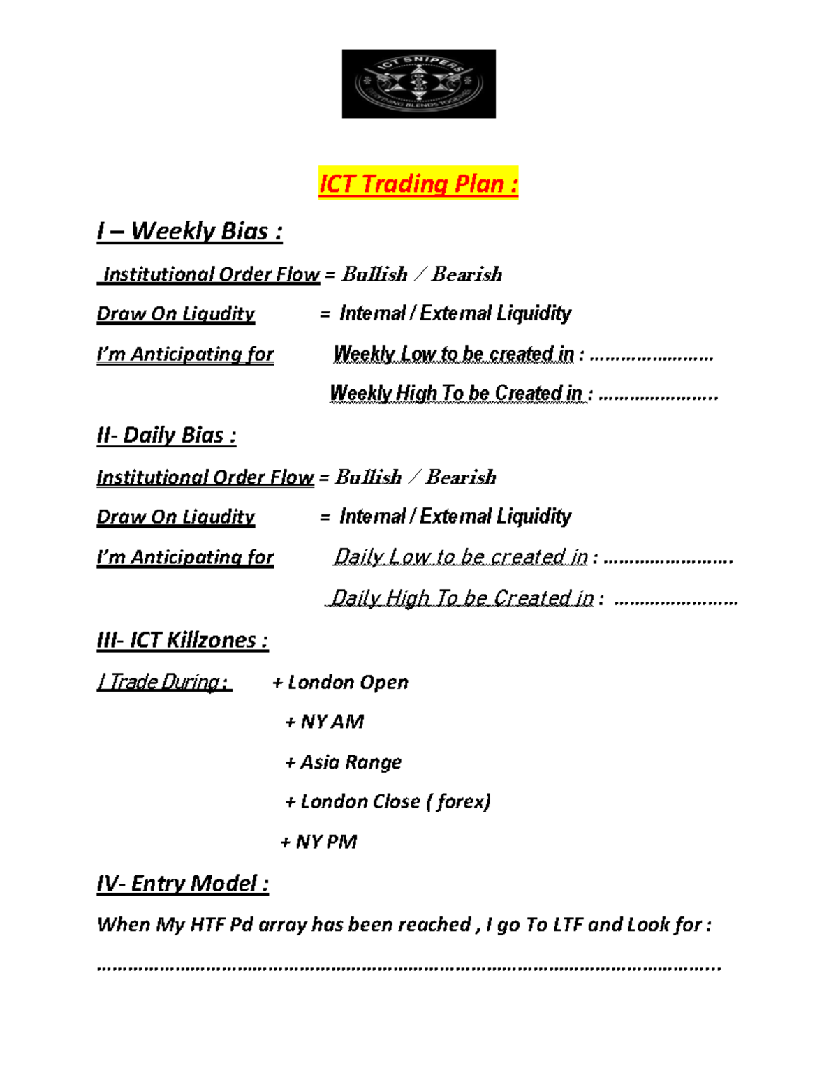 ICT Trading Plan - strategy - ICT Trading Plan : I – Weekly Bias ...