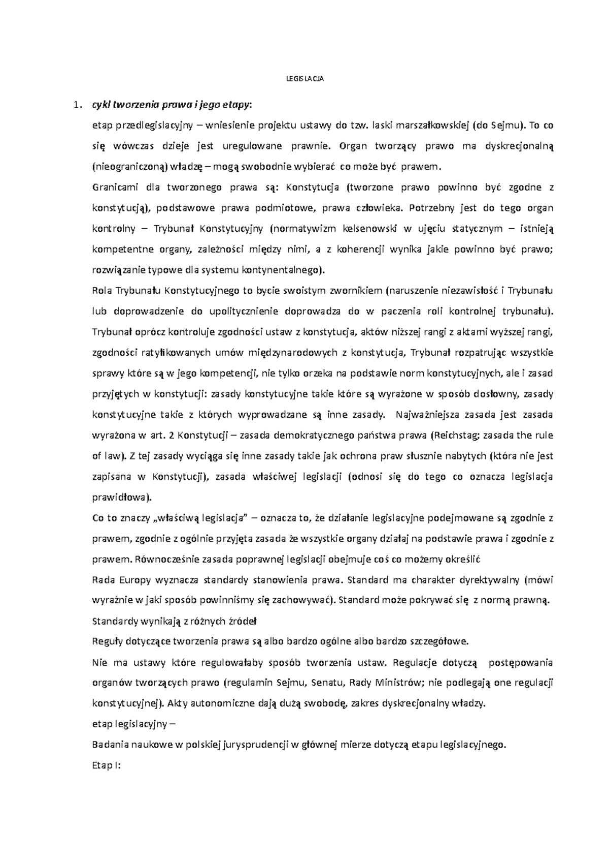 Legislacja - Notatki z wykładu 1 - LEGISLACJA cykl tworzenia prawa i ...