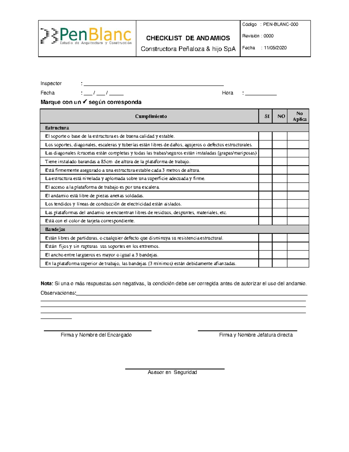 Checklist DE Andamios - CHECKLIST DE ANDAMIOS Constructora Peñaloza ...