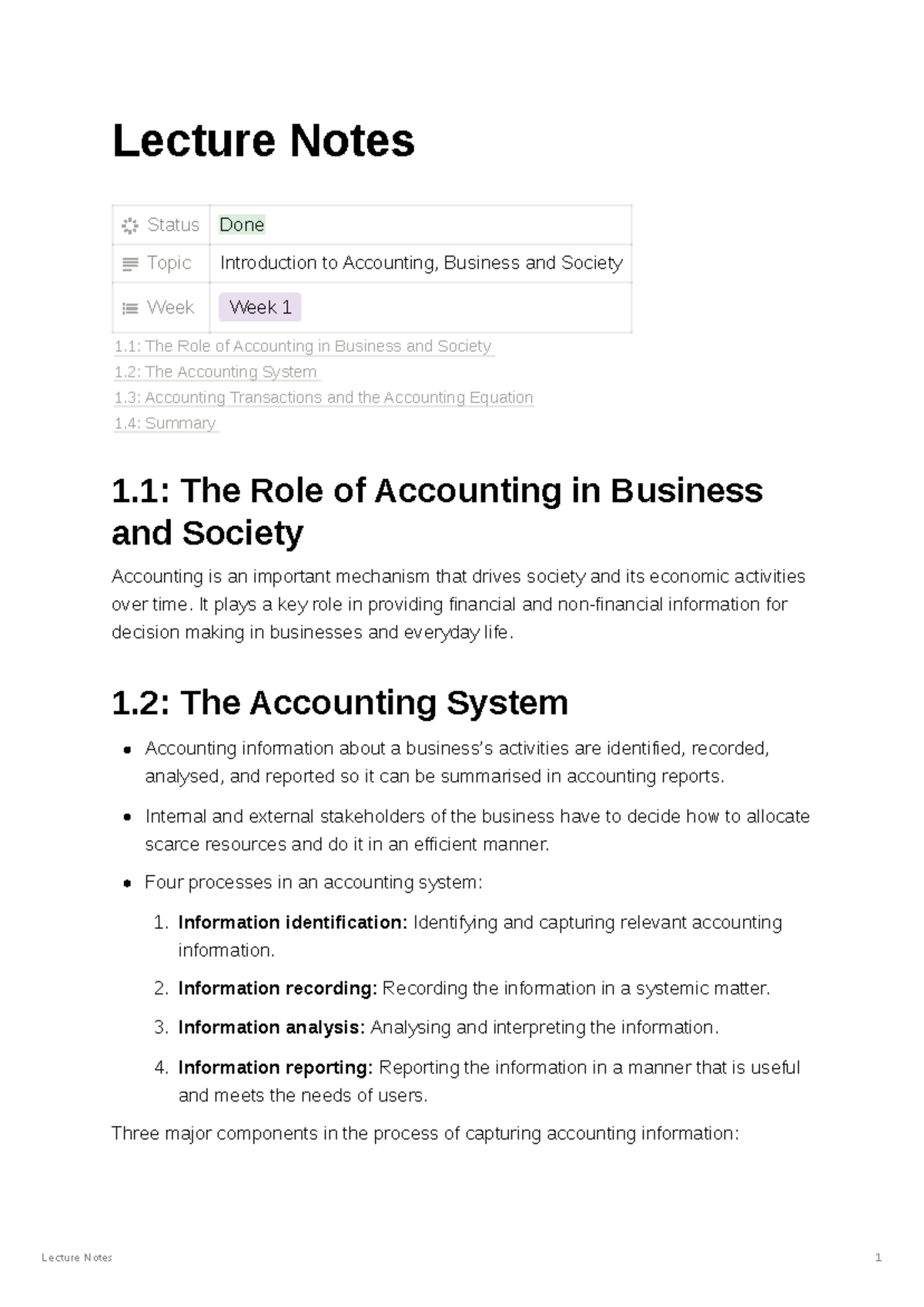 Week 1 Lecture Notes Lecture Notes 1 Lecture Notes Status Done Topic Introduction To