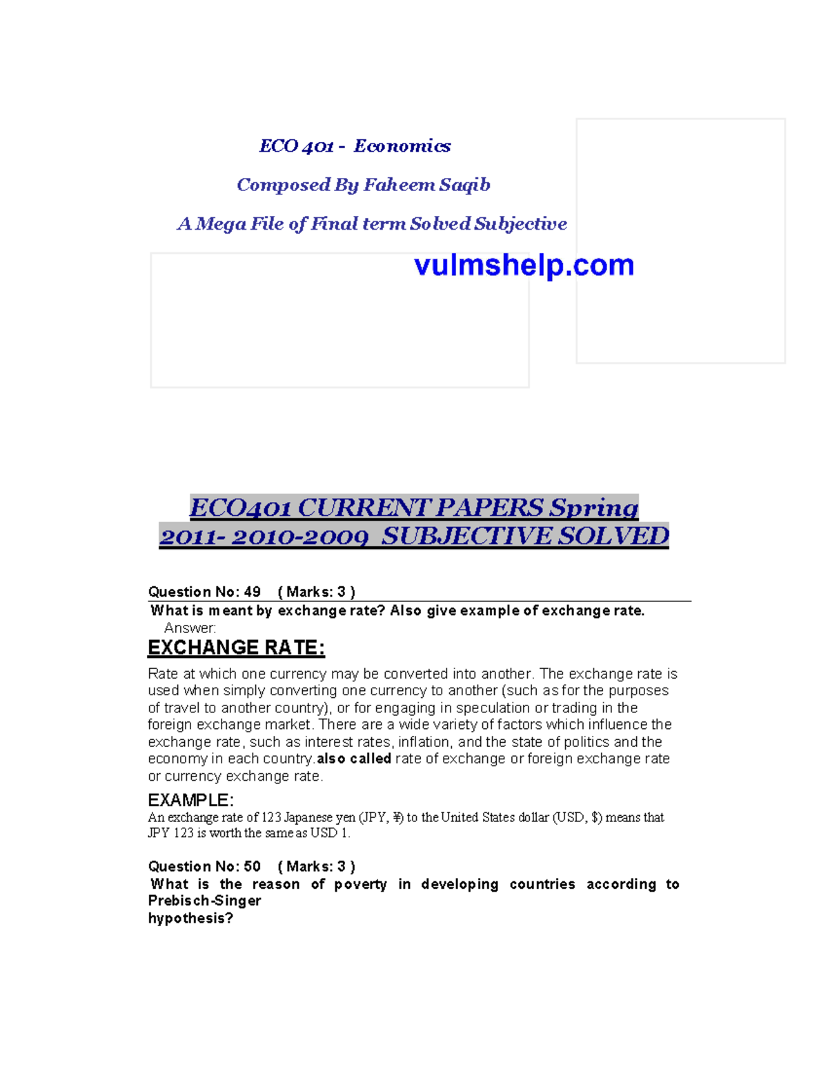 Eco401AMega Fileof Finalterm Solved Subjective 2011 - ECO 401 - Economics Composed By Faheem ...