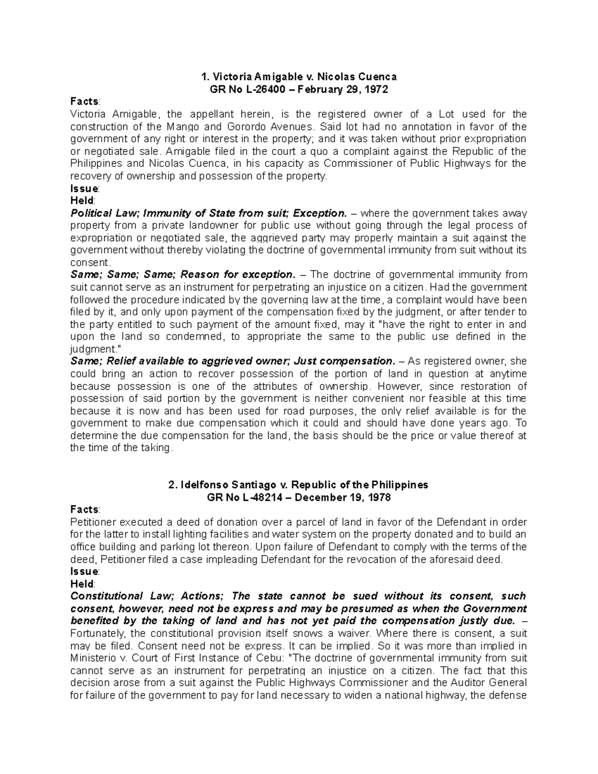 Political law review cases - 1. Victoria Amigable v. Nicolas Cuenca GR ...