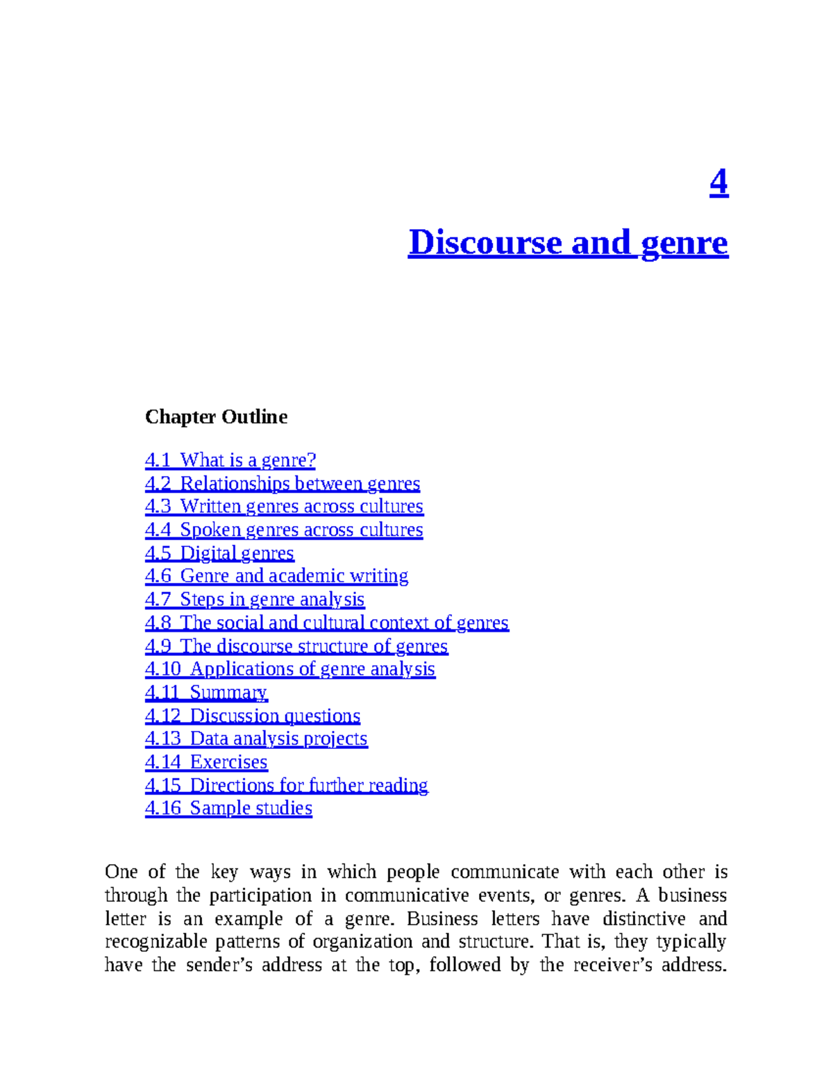 Discourse and Genre - 4 Discourse and genre Chapter Outline 4 What is a genre? 4 Relationships ...