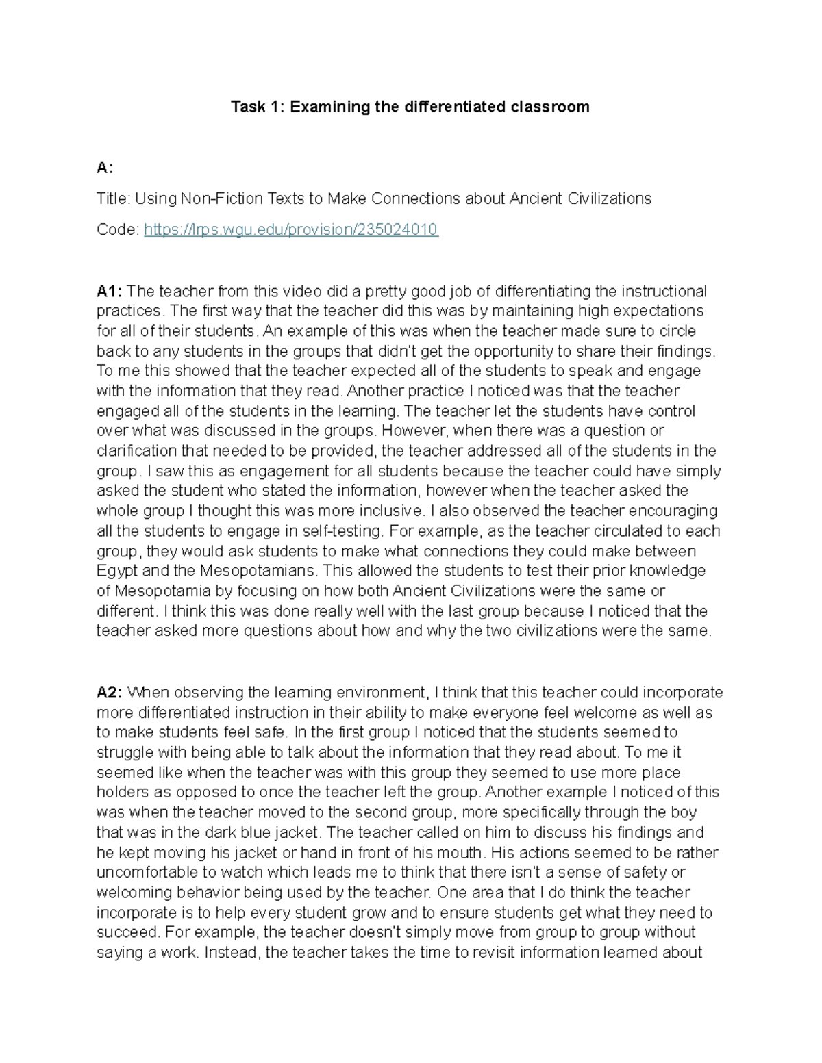 Task 1 - First task for the course. - Task 1: Examining the differentiated classroom A: Title ...