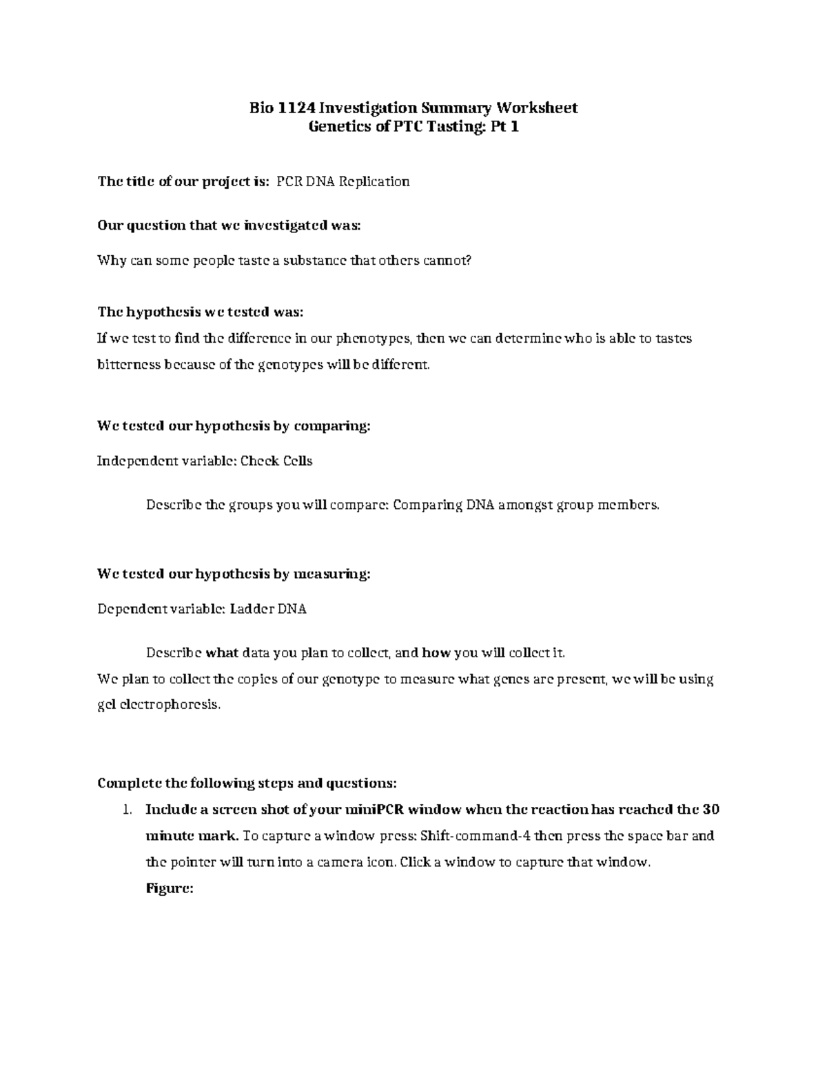 PTC PCR Lab Worksheet SP22 - Bio 1124 Investigation Summary Worksheet ...