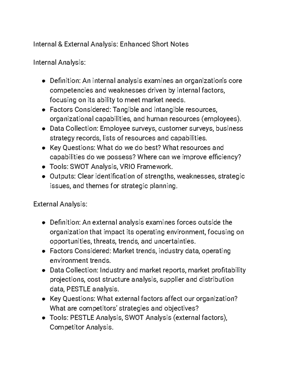 Unit 3 notes summary - Internal & External Analysis: Enhanced Short ...