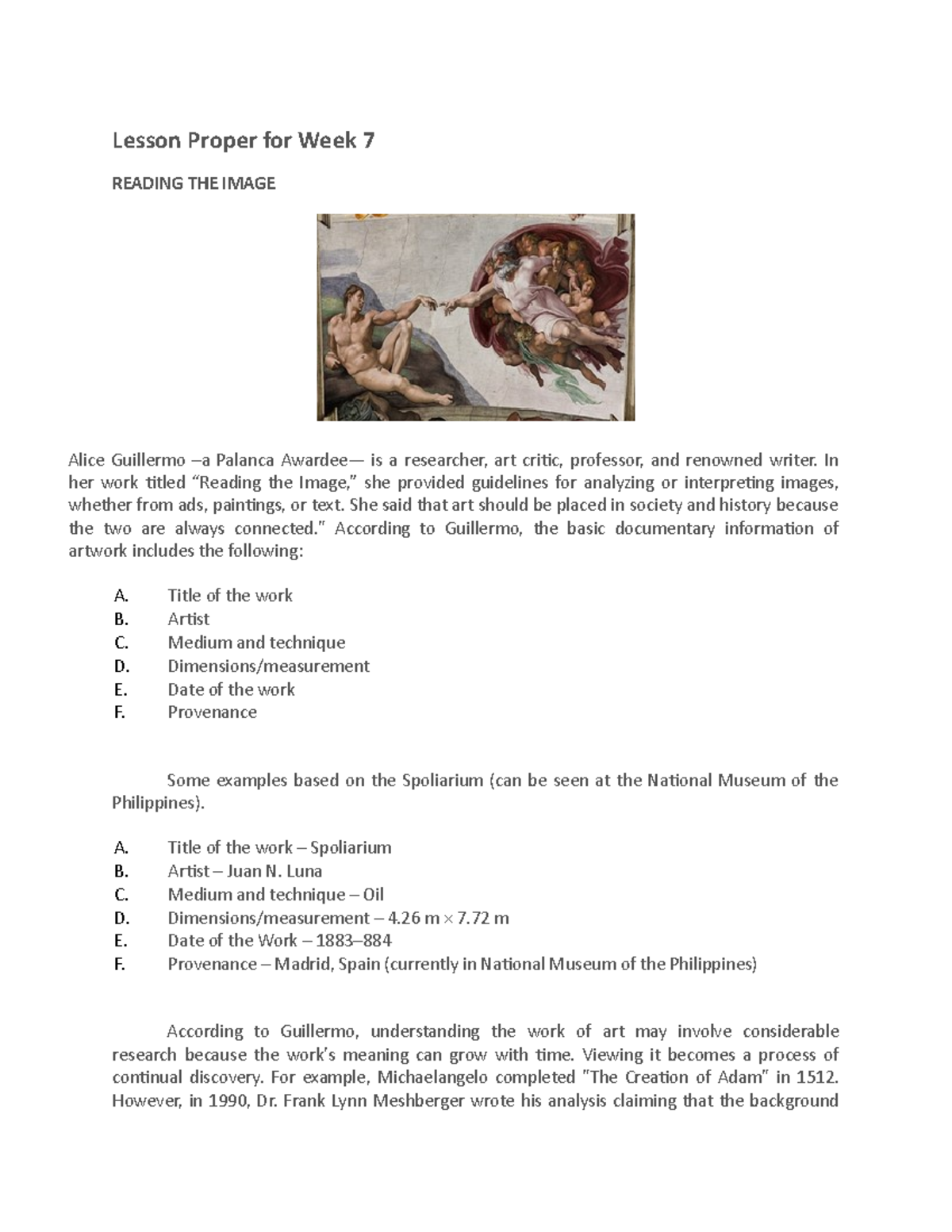 Art Appreciation - just guess - Lesson Proper for Week 7 READING THE ...