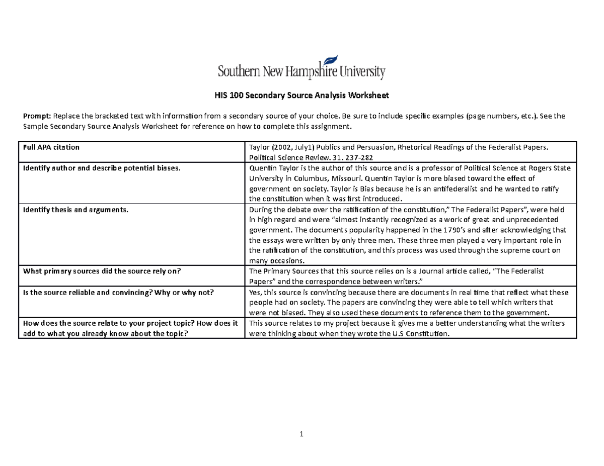 HIS 100 Secondary Source Analysis Worksheet - HIS 100 Secondary Source ...