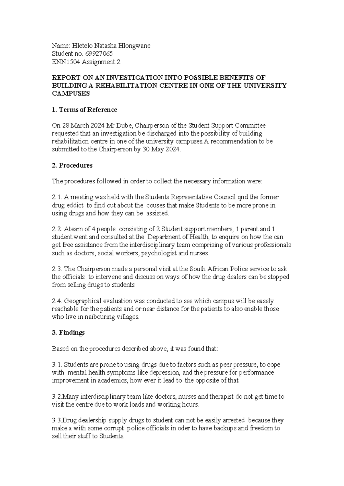 ENN1504 assi 2 - Name: Hletelo Natasha Hlongwane Student no. 69927065 ...