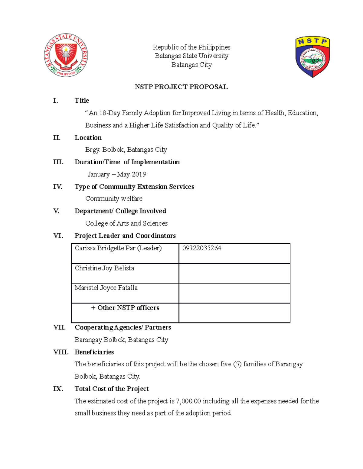 Nstp criminology proposal - Republic of the Philippines Batangas State ...